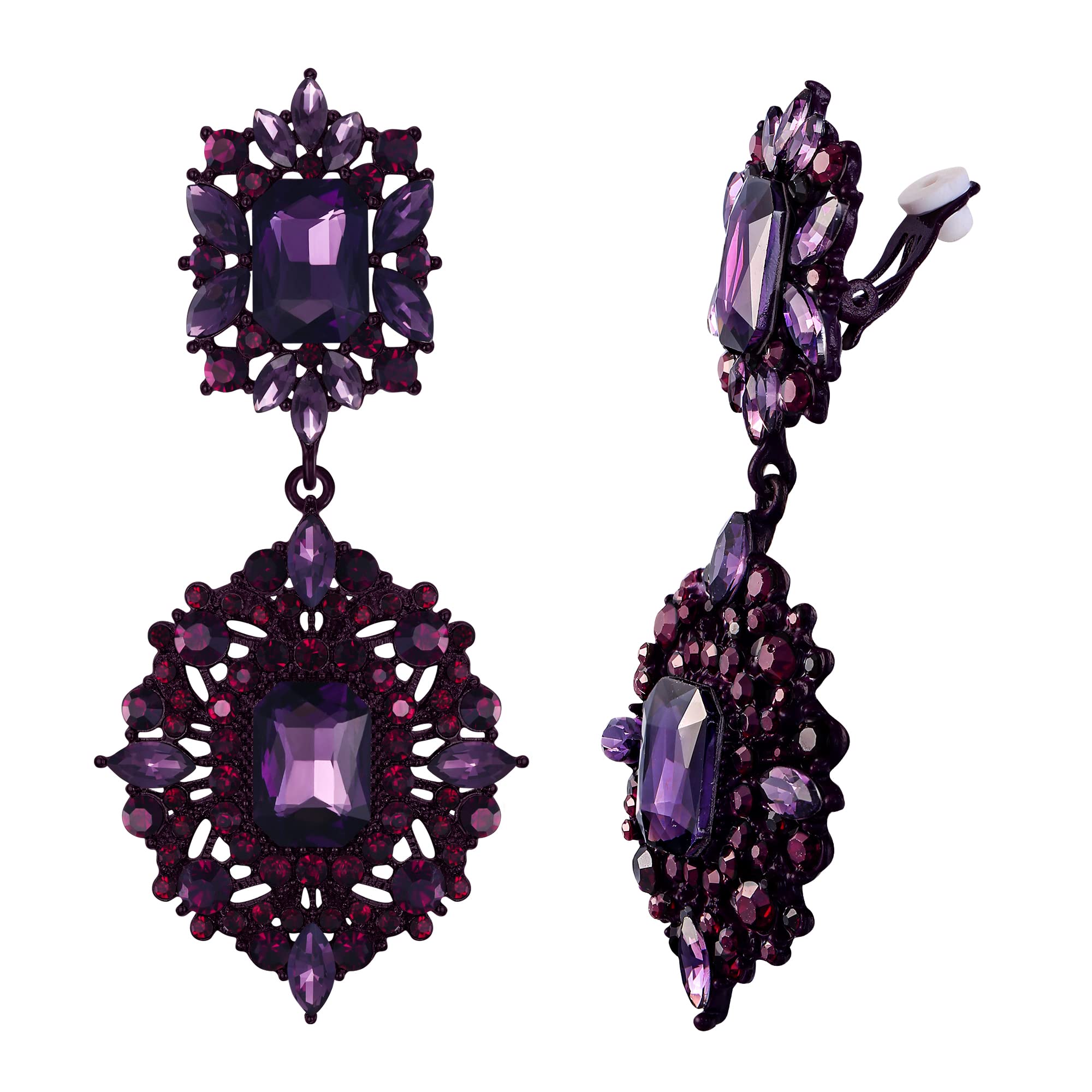 Flyonce Women's Rhinestone Crystal Art Deco Vintage Style Gatsby Clip-on Dangle Chandelier Earrings Purple