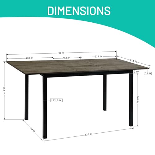 FurnitureR 63-Inch Dining, Large Extendable Kitchen, Solid Wood Rectangular Farmhouse Table, Grey