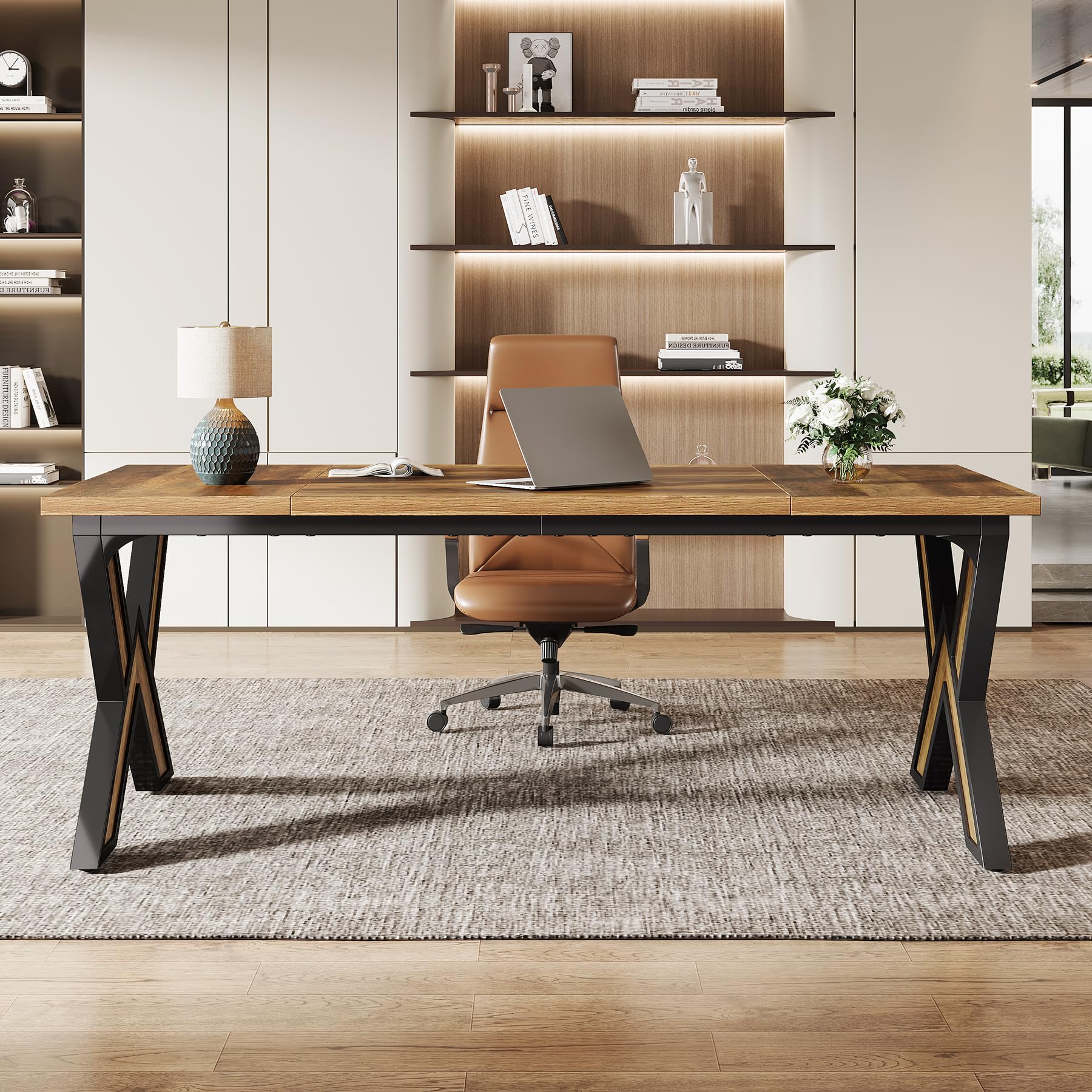 Tribesigns 63 Inches Large Office Desk, Modern Executive Computer Desk with Thickened Frame and Board, Executive Office Desk Workstation Business Office Furniture, Rustic Brown & Black