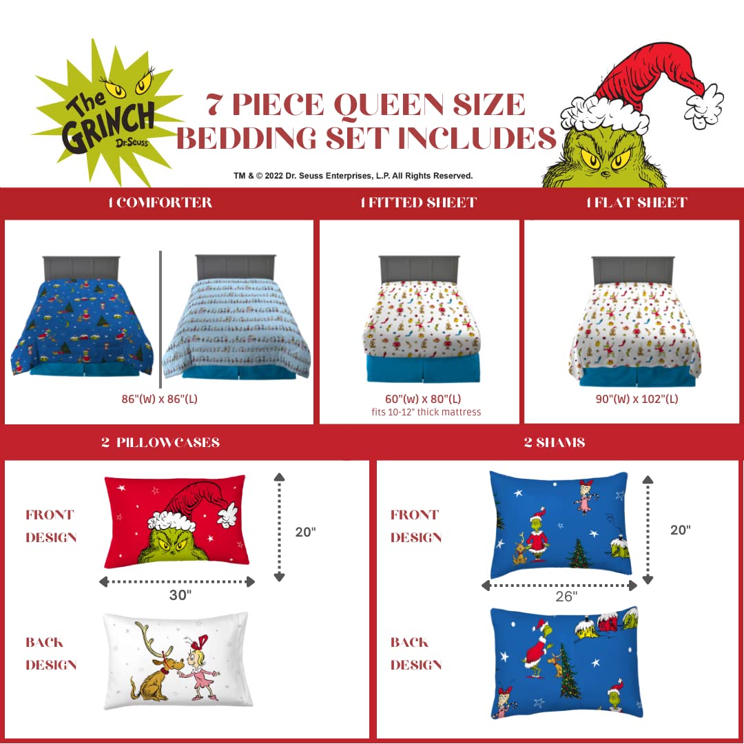 Franco Grinch by Dr. Seuss Holiday & Christmas Bedding Super Soft Comforter and Sheet Set with Sham, 7 Piece Queen Size (Official Dr. Seuss Product)