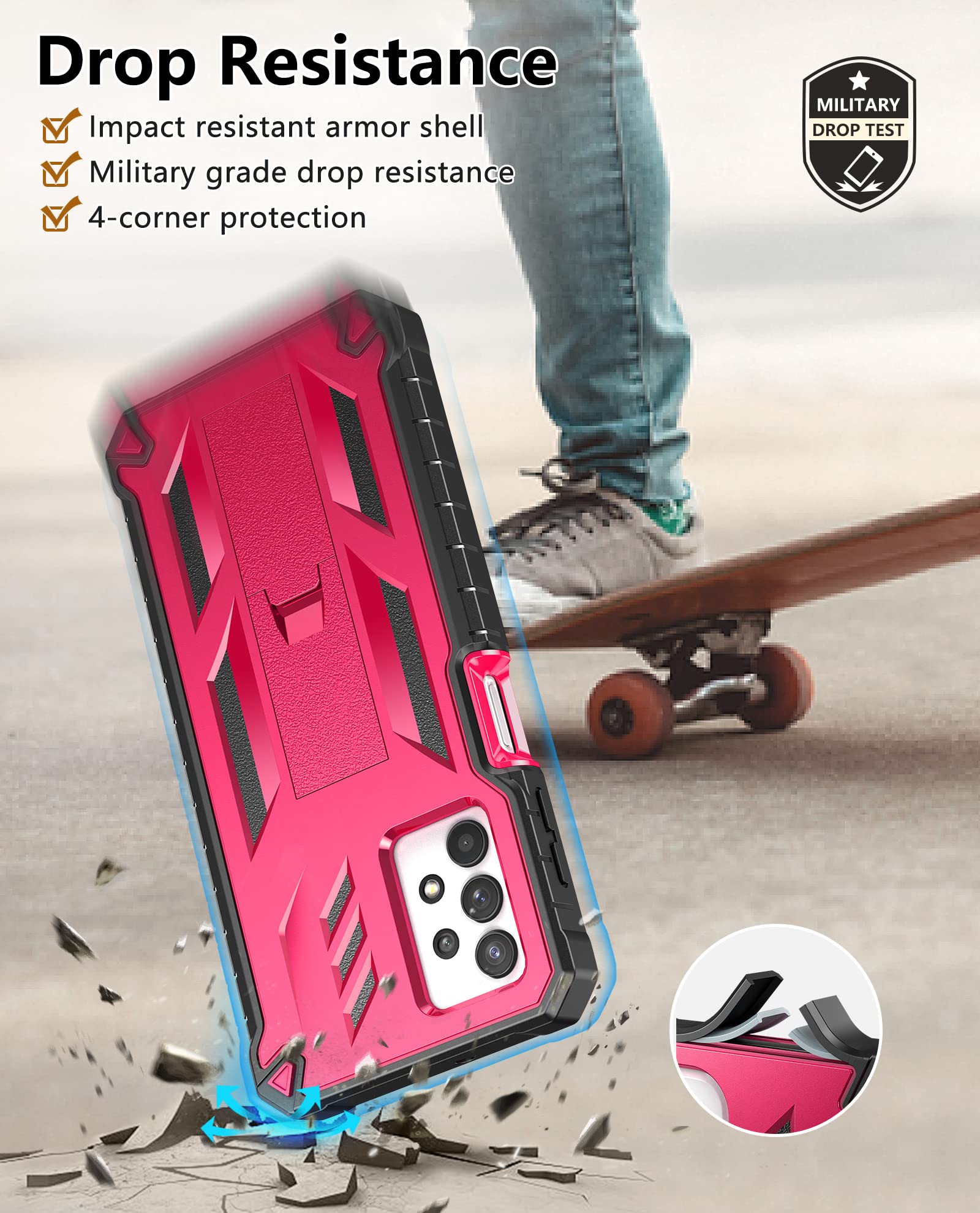 for Samsung Galaxy A32-5G Case: TPU Soft Shock Proof Protection | Hard Armor Design Shell - Heavy Duty Military Grade Durable Rugged Cell Phone Protective Cover with Kickstand for A32 5G Rose Red