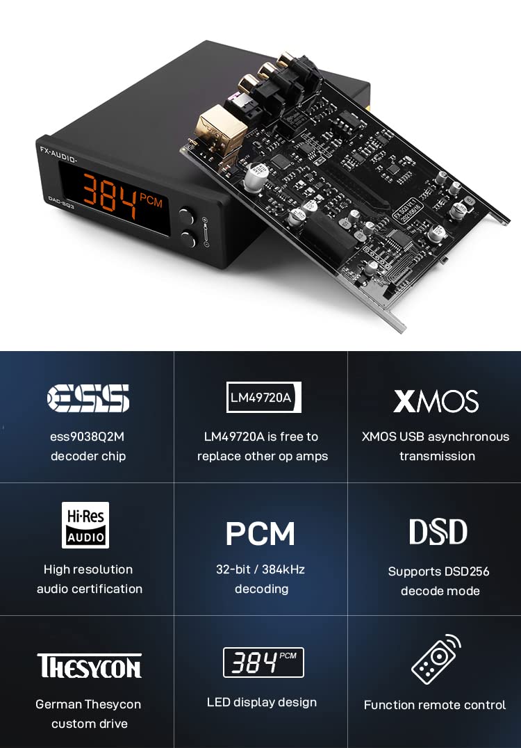 FX Audio DAC-SQ3 Mini USB DAC XMOS XU208 ES9038Q2M 32bit/384KHz Audio Amplifier Decoder Black