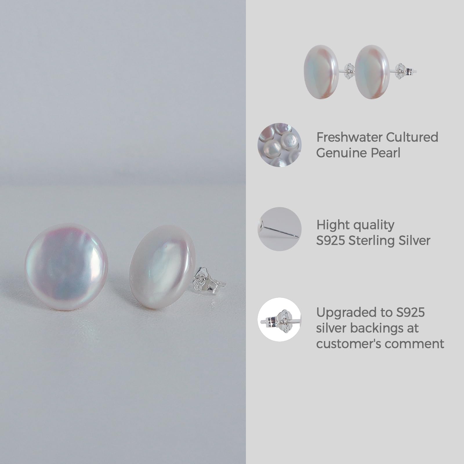 Freshwater Coin Pearl Earrings for Women, Button Shape Pearl Stud Earrings, 13-14mm