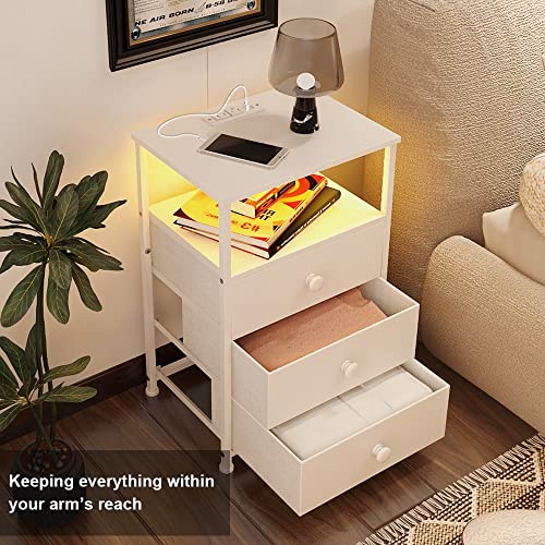 Tohomeor End Table with Charging Station LED Light Nightstand Bedroom Bed Side Dresser with 3 Fabric Drawers Open Storage Shelf Living Room Sofa End Table with USB Ports and Outlet (White, 1 Pack)