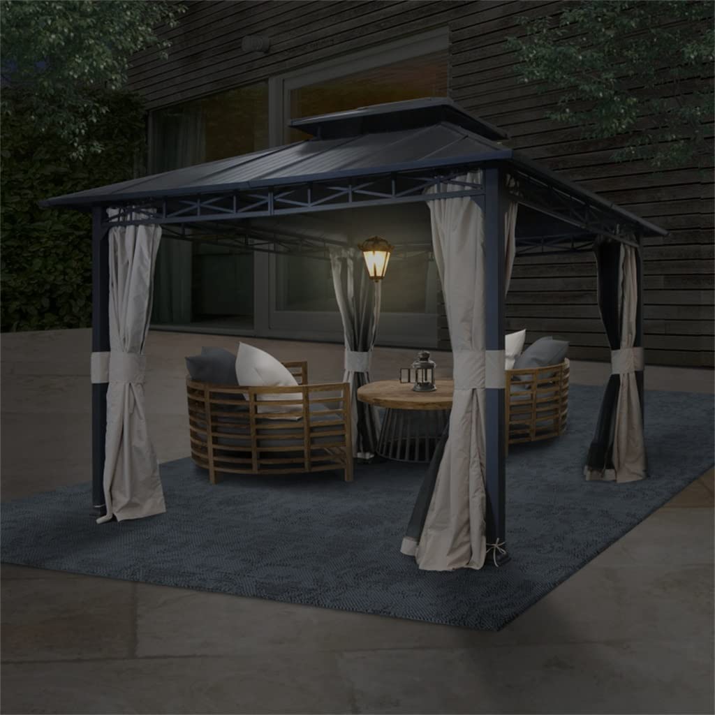 GXBPY 12 Ft. X 10 Ft. Black 2-Tier Double Roof Metal Hard Top Gazebo with Curtains and Netting