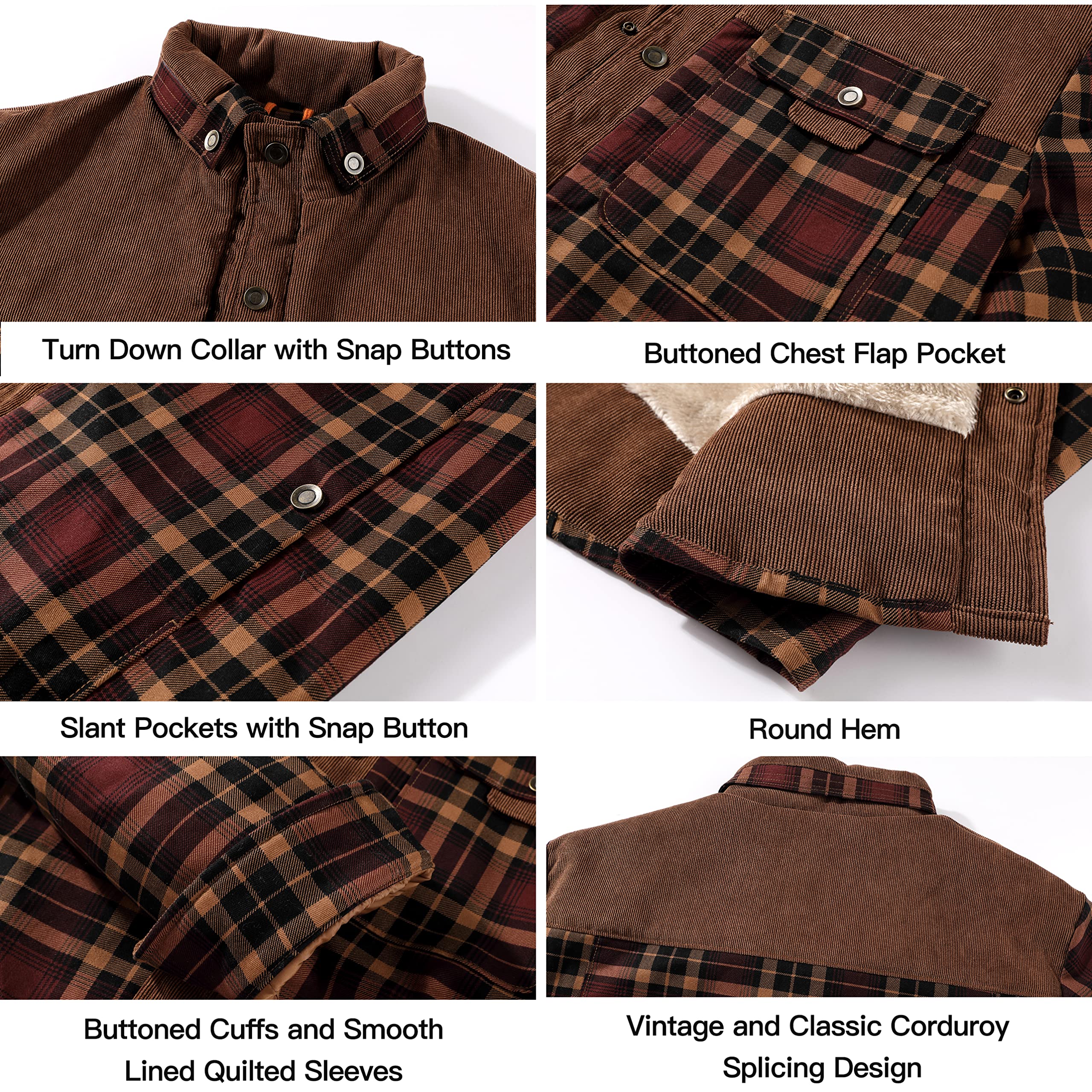 Flygo Men's Outdoor Casual Vintage Buck Fleece Sherpa Lined Flannel Camp Plaid Shirt Jacket(Coffee-M)