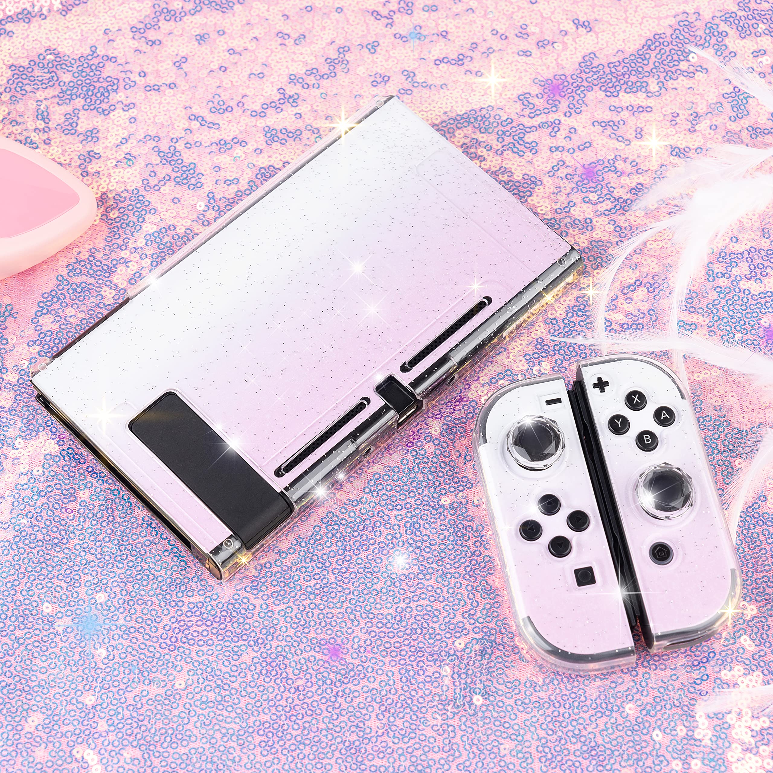 Glitter Switch Bundle | Gradient Shiny Clear Case with Cute Pastel Sticker Wrap Vinyl Decal Crystal Thumb Grips | Compatible with Nintendo Switch (Switch Standard, White Pink)