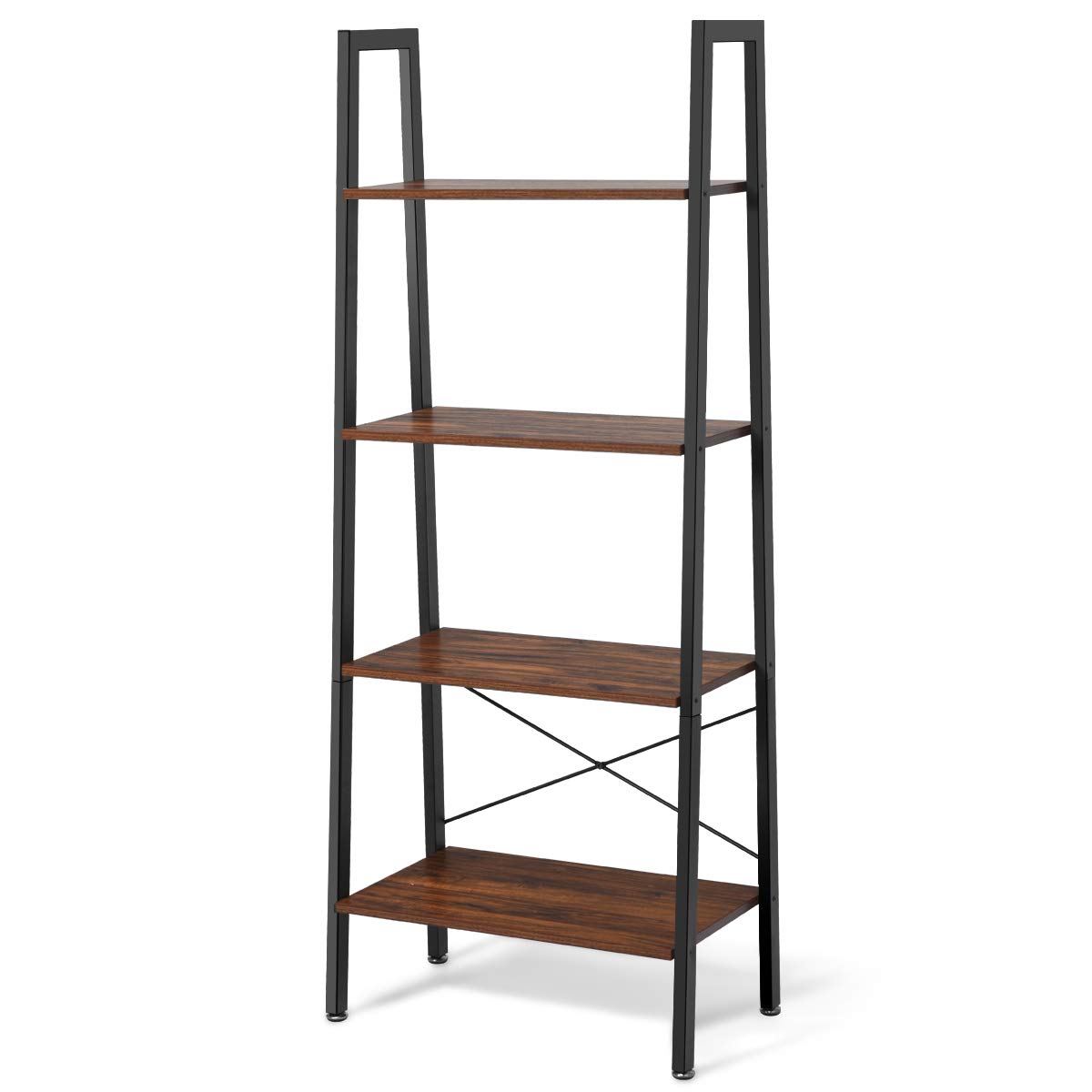 Giantex Ladder Shelf 4-Tier Industrial Bookshelf Storage Rack Shelves for Home and Office Use, Wood Display Rack with Metal Frame (Rustic Brown)