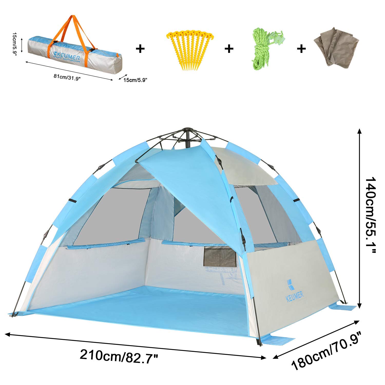 G4Free Deluxe XL Pop Up Beach Tent, 3-4 Persons Easy Setup Sun Shelter Canopy with UPF 50+ UV Protection Extral Wide 70.9 in