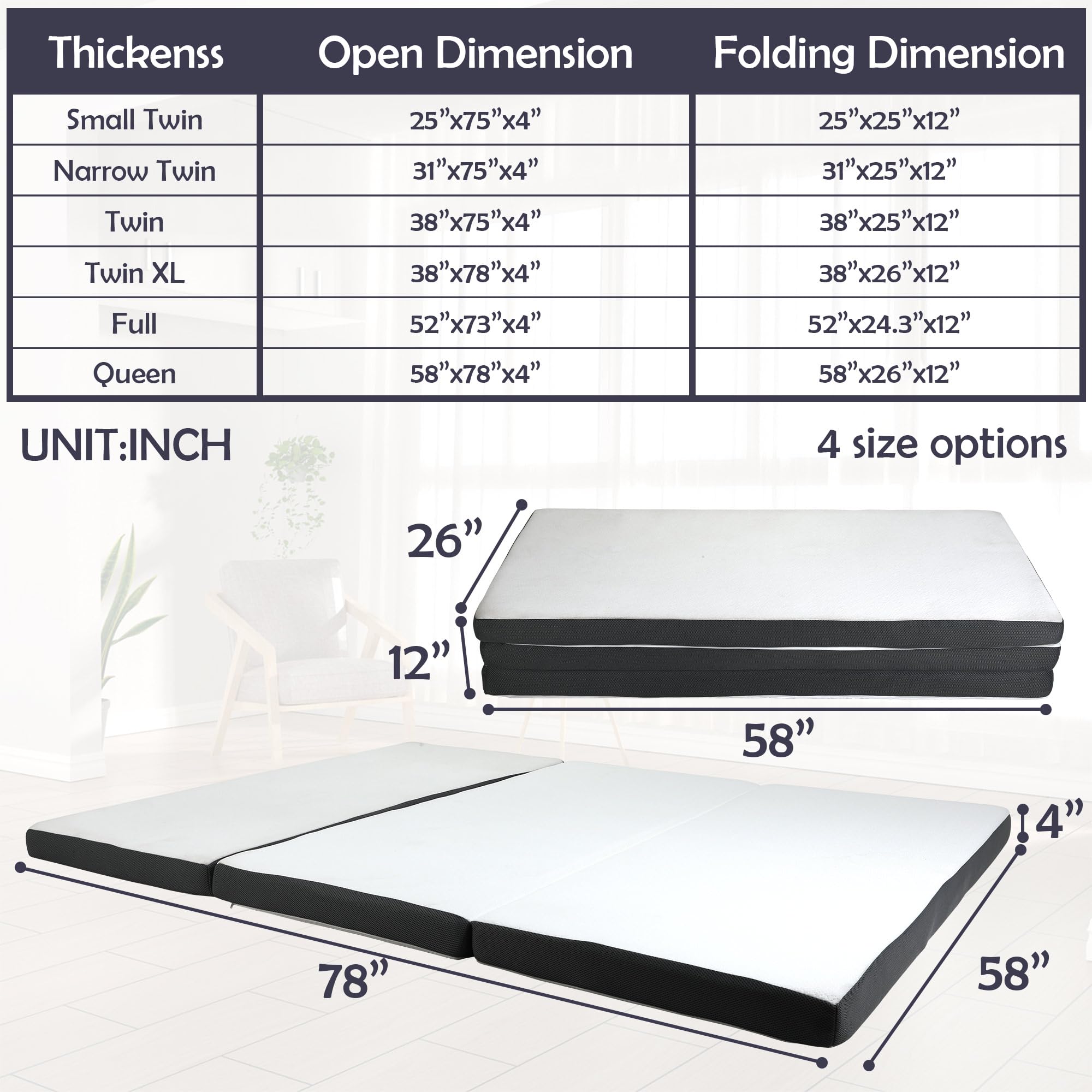 Folding Mattress, Tri-Fold Gel Memory Foam Mattress Portable Foldable Mattress with Washable Cover & Non-slip Bottom & Breathable Mesh Sides, Certipur-Us Certified, Fiberglass Free, (4 Inch, Queen)