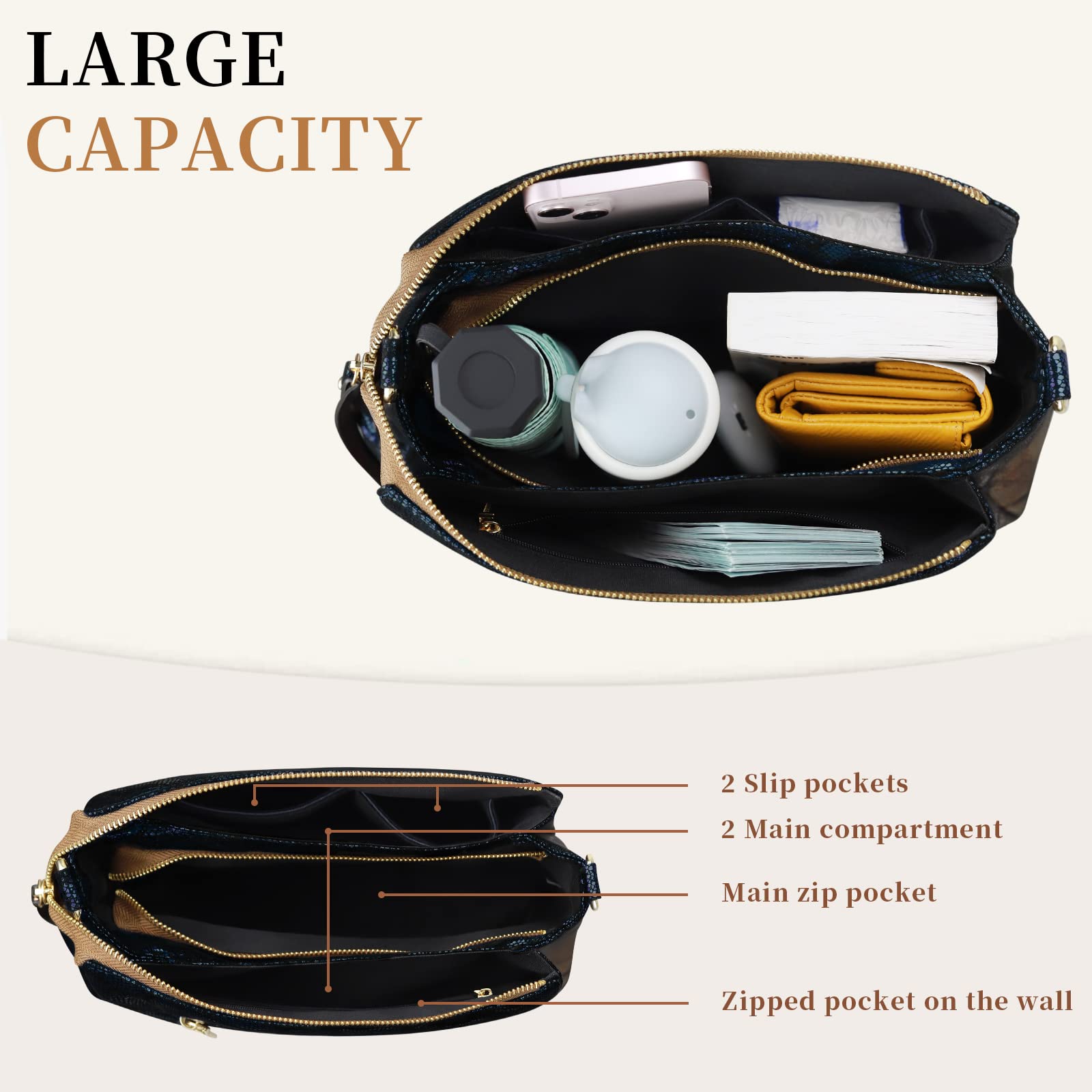 FUKUTAI Crossbody Shoulder Purses for Women - PU Leather Crossbody Bags Ladies Hobo Handbag Medium Size (Navy Blue)