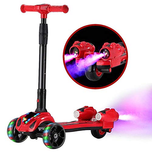 FOREVIVE Children's Scooter 3-Wheel Scooter with Colorful LED Flash Wheel, Music, Spray Steam, Foldable, Height-Adjustable, Suitable for Children Aged 3-12 (Red)