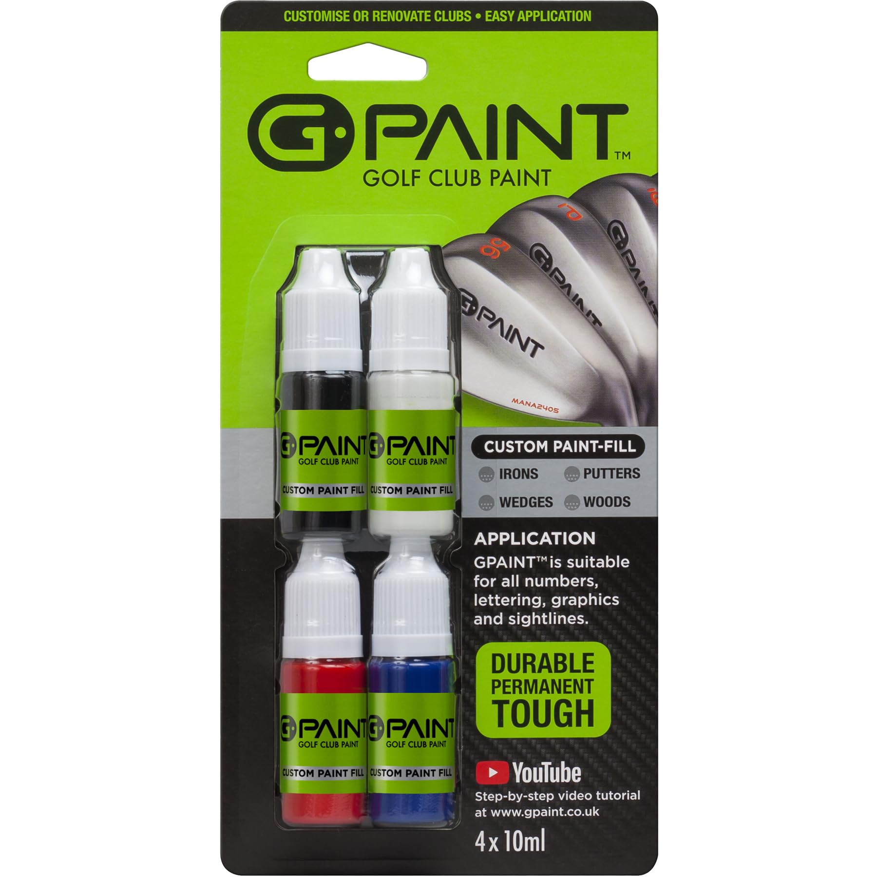 G-Paint Golf Club Paint - Touch Up, Fill in, Customize or Renovate Your Clubs - 4 Pack of 10ml Bottles. Black, White, Red & Blue