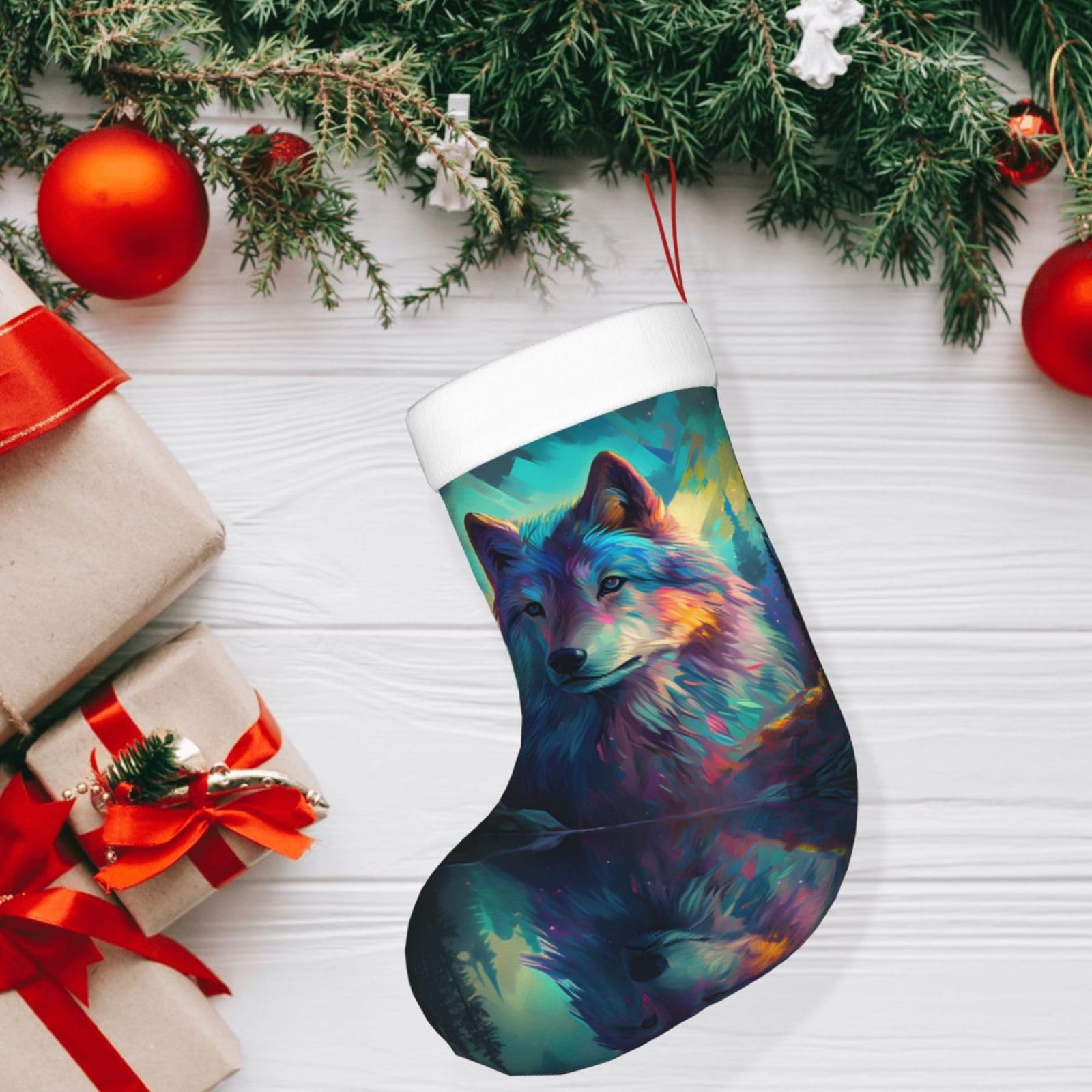 FYCFSLMY Native American Indians and Wolves Large Christmas Stockings, Xmas Tree Fireplace Hanging Decorations for Home Holiday Decor