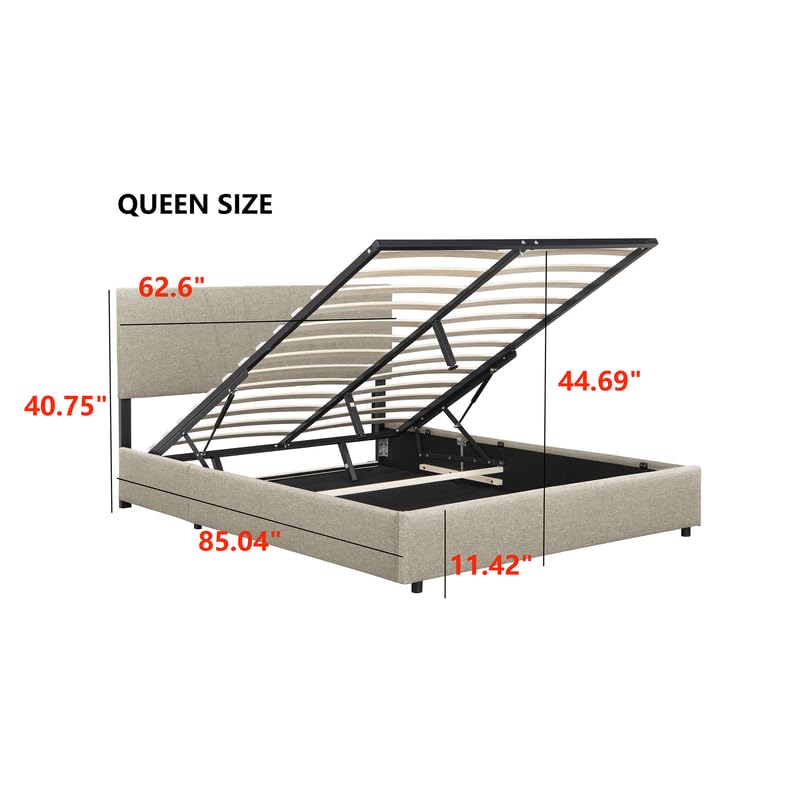 FDSPDO Lift Up Storage Bed Queen Upholstered Bed with Tufted Headboard and Storage Underneath, Wooden Platform Bed Frame for Kids Teens Adults (Queen Size, Beige)