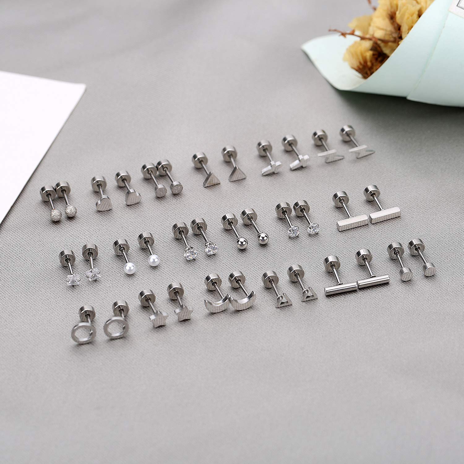 Flat Back Earrings Hypoallergenic,18 Pairs Stainless Steel Flat Back Stud Earrings for Women Men 20G Star Moon Heart Disc Ball CZ Cartilage Earrings Screw Back Flatback Earrings for Sensitive Ears