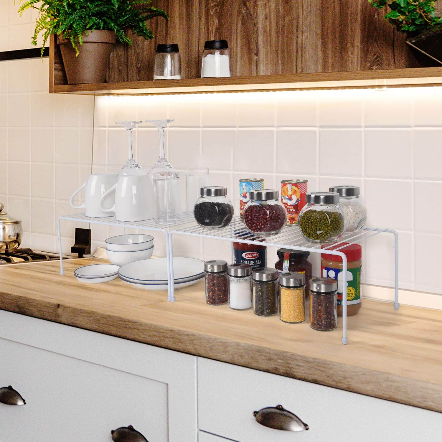 yaenoei Kitchen Storage Shelf Rack w/Plastic Feet - Medium - Steel Metal - Rust Resistant Finish - Cups, Dishes, Cabinet & Pantry Organization - Kitchen 2 Pack (Bronze)