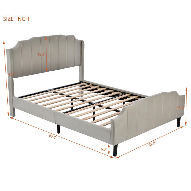 FDSPDO Queen Size Upholstered Platform Bed with Headboard and Footboard,No Box Spring Needed, Velvet Fabric,Gray
