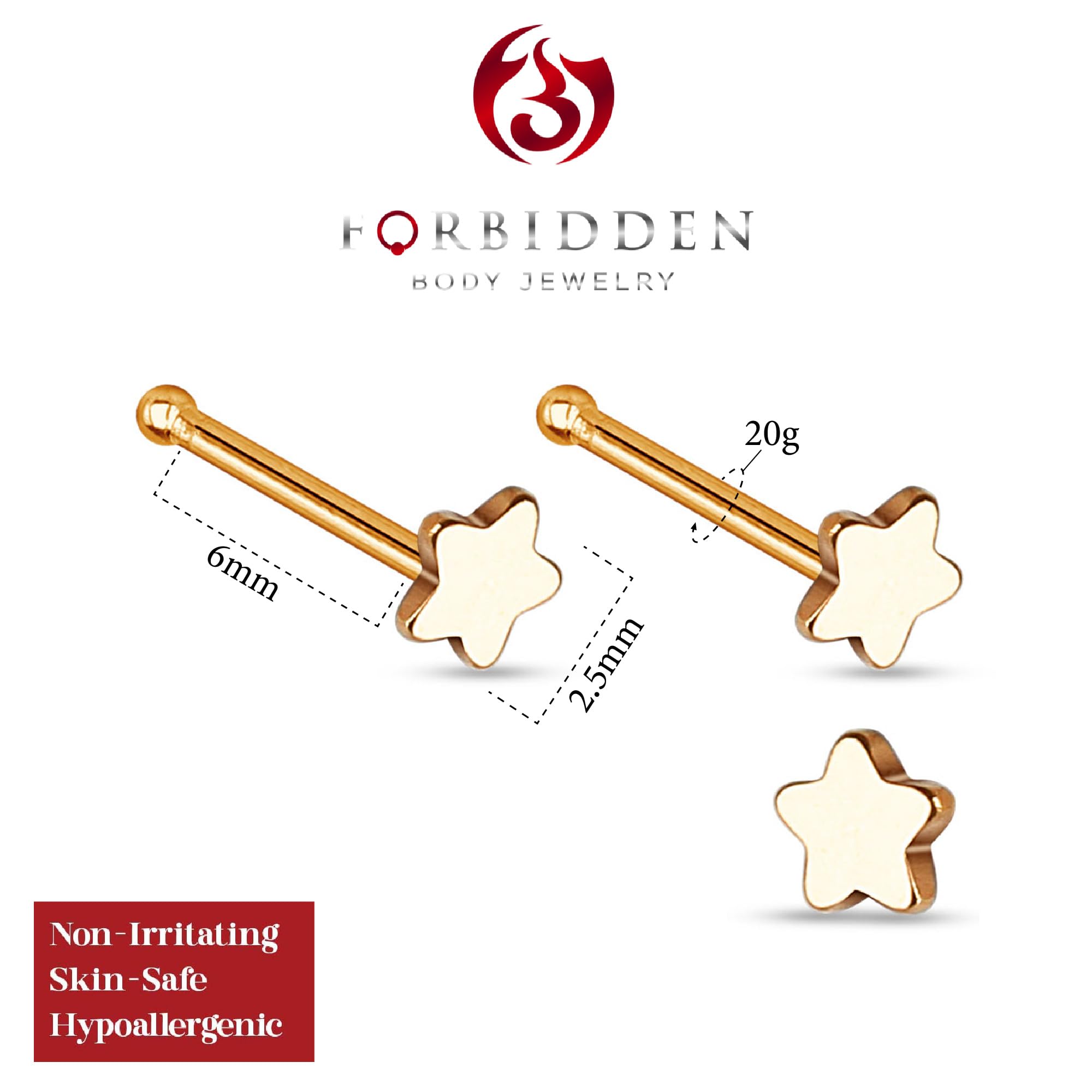 Forbidden Body Jewelry 20g Surgical Steel Star Top Nose Stud (2pcs Rose Gold)