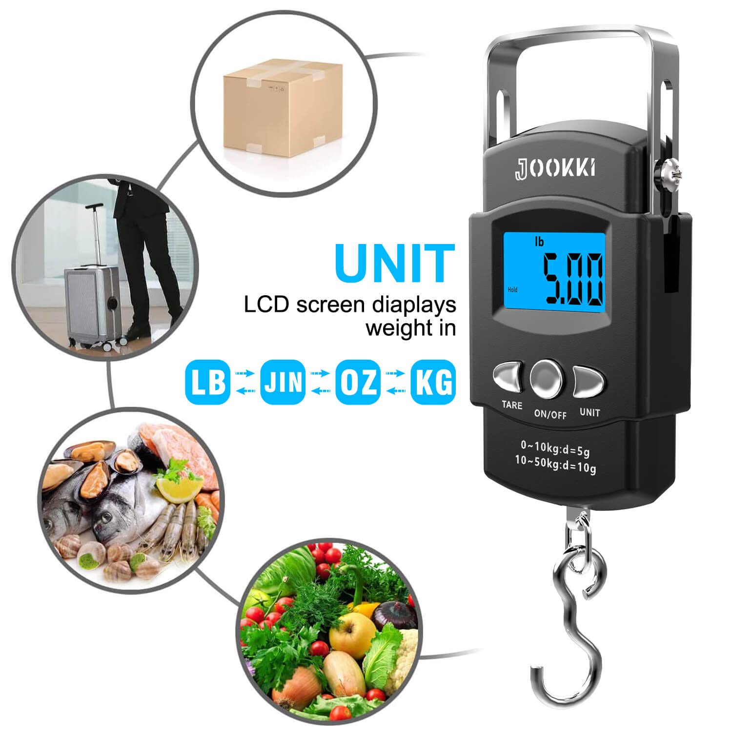 Fish Scale,JOOKKI Hanging Scale Portable Dial Scale LCD Digital Weight Electronic Scale 110lb/50kg with a Tape Measure for Tackle Bag,Luggage,Baggage,(Black)