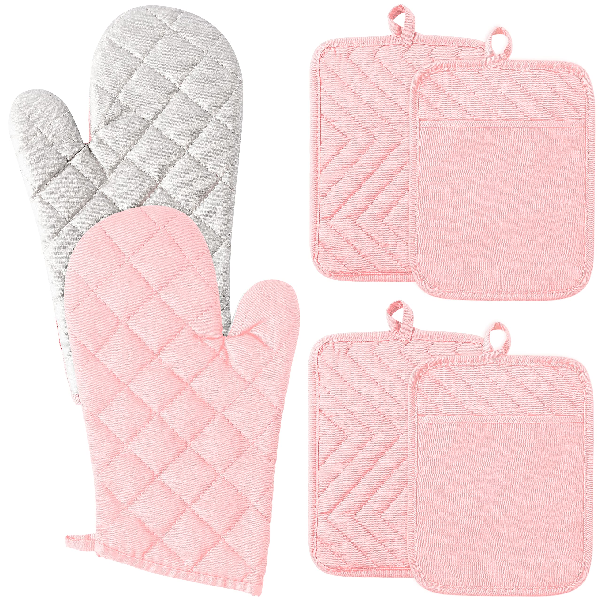 GROBRO7 6Pcs Cotton Oven Mitts and Pot Holders Set Heat Resistant Hot Pads Durable Pocket Pot Holder Machine Washable BBQ Gloves with Hanging Loop for Safe Kitchen Baking Cooking Grilling Pink