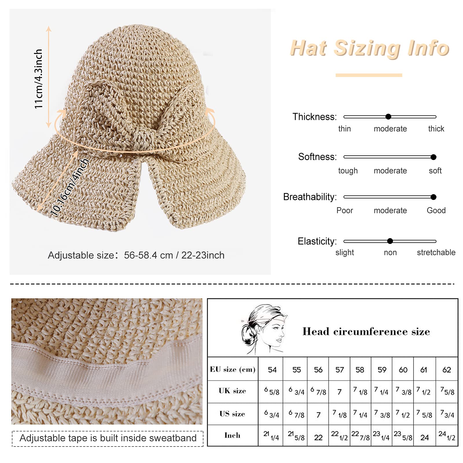 Foldable Wide Brim Floppy Straw Beach Sun Hat,Summer Cap with Bowknot for Women Girls,Strap Adjustable (1 Pack Beige)