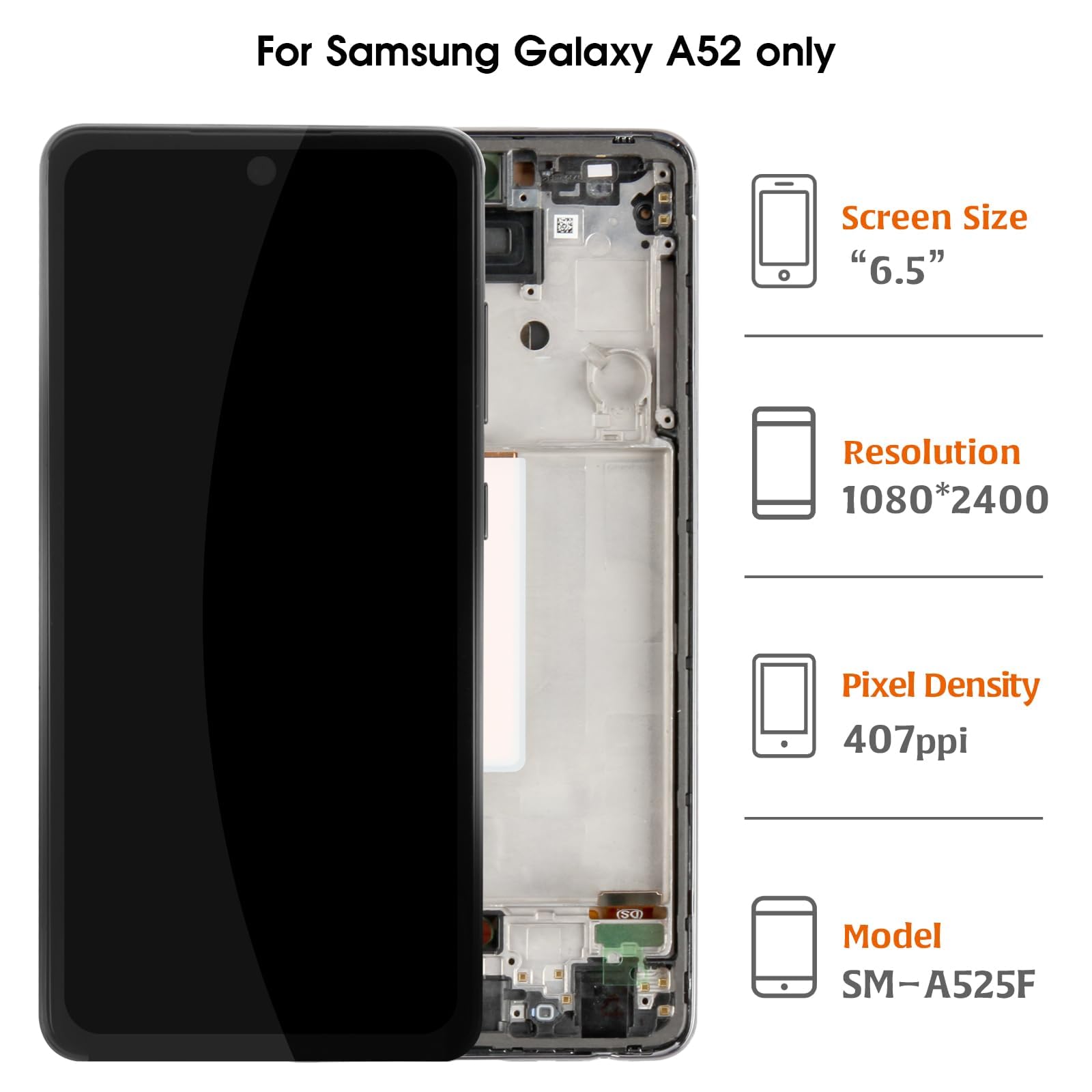 for Samsung Galaxy A52 4G SM-A525(OLED with Frame) Screen Replacement SM-A525F SM-A525M LCD Touch Screen Glass Digitizer Display Assembly with Repair Tool Kits(Not for A52 5G)