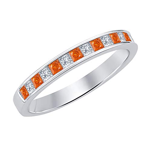 Gold & Diamonds Jewellery Princess Cut Orange Sapphire & Diamond 14k White Gold Plated Engagement Wedding Band Ring for Women's