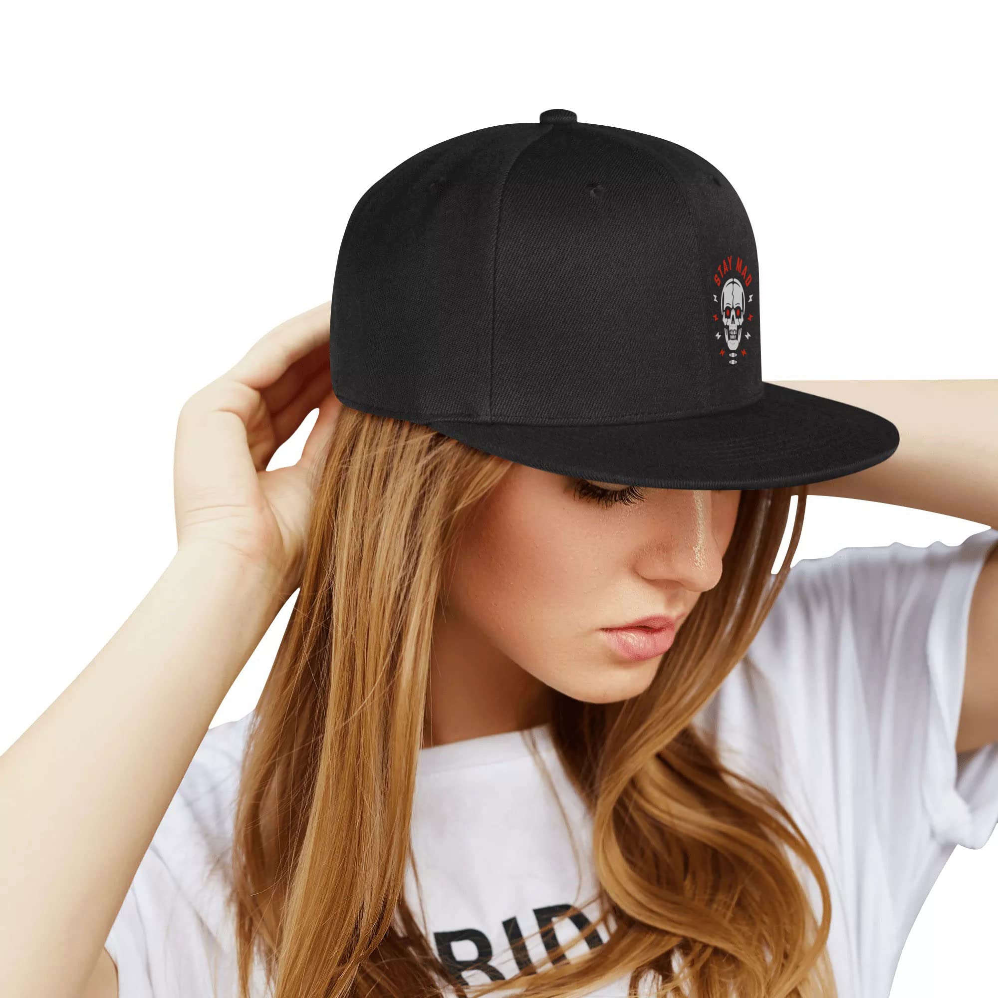 Flat Bill Hats for Men Snapback Hat Womens Skull Rock Baseball Cap Wide Brim Caps Adjustable Hip Hop Cool Trucker Dad Light Bulb Stay Mad