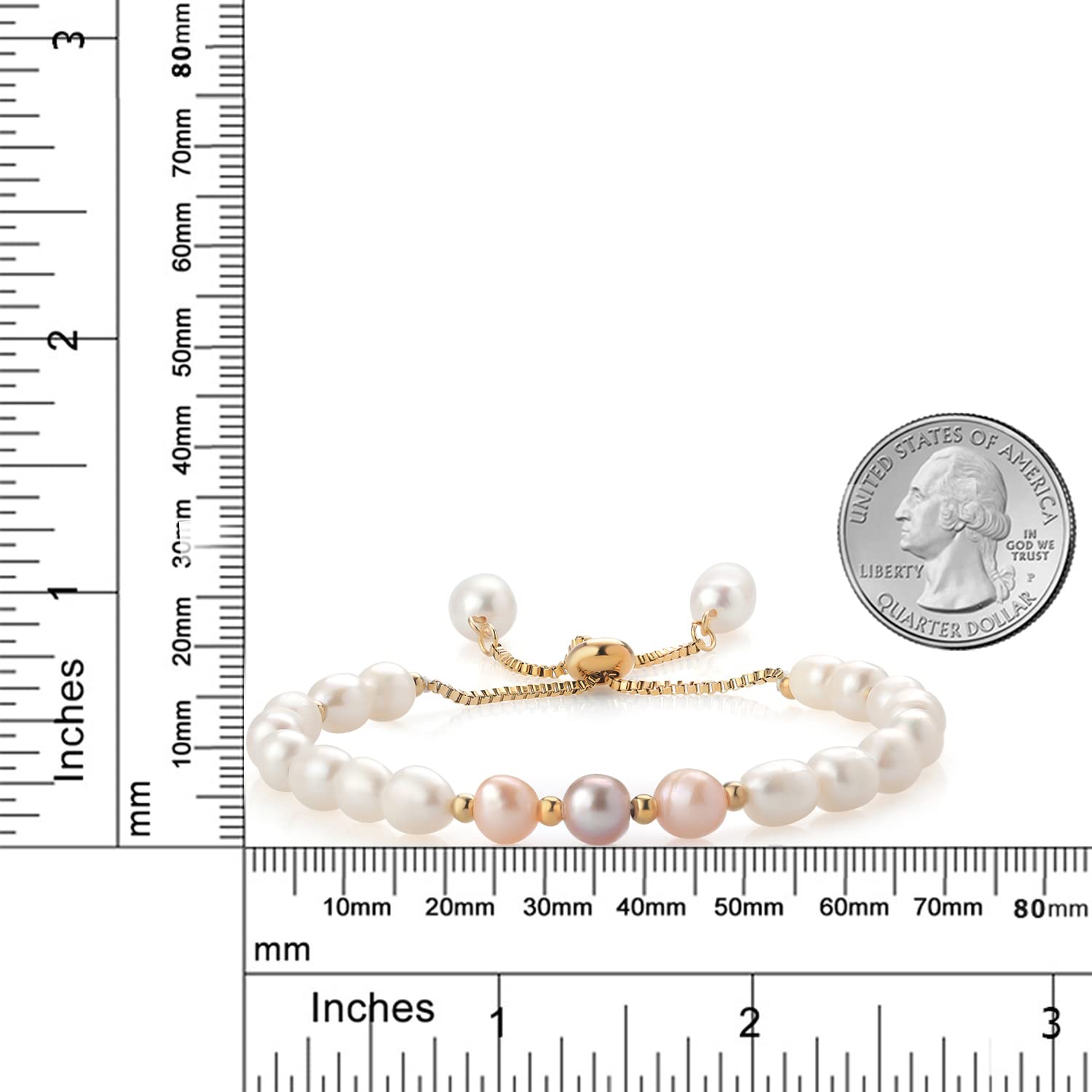 Gem Stone King Multicolor Cultured Freshwater Pearl Box Chain Yellow Gold Plated Bracelet For Women with Slider Clasp Fully Adjustable Up to 9 Inch
