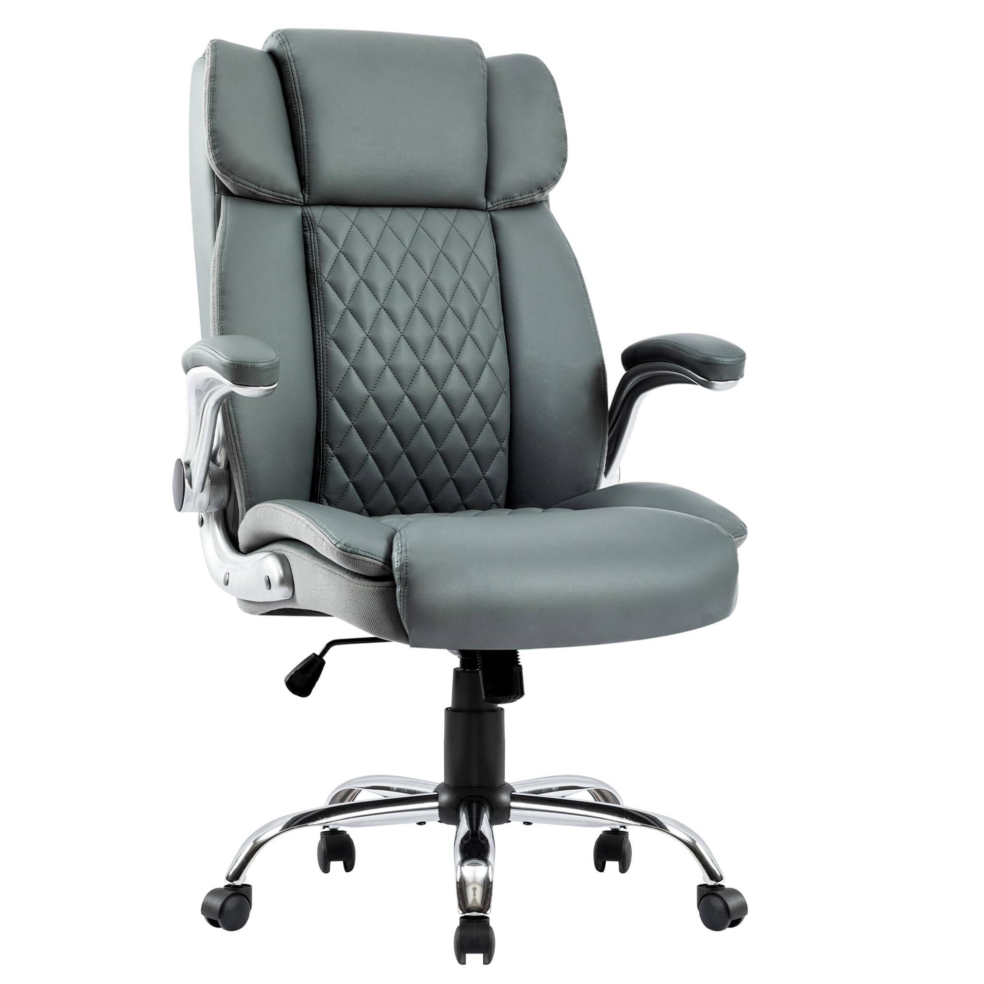 HOMYEDAMIC High Back Ergonomic Office Chair, Flip Arms Big & Tall Executive Swivel PU Bonded Leather Computer Chairs Adjustable Tilt Angle, Wide Thick Seat, Design for Back Pain (7011-Grey)