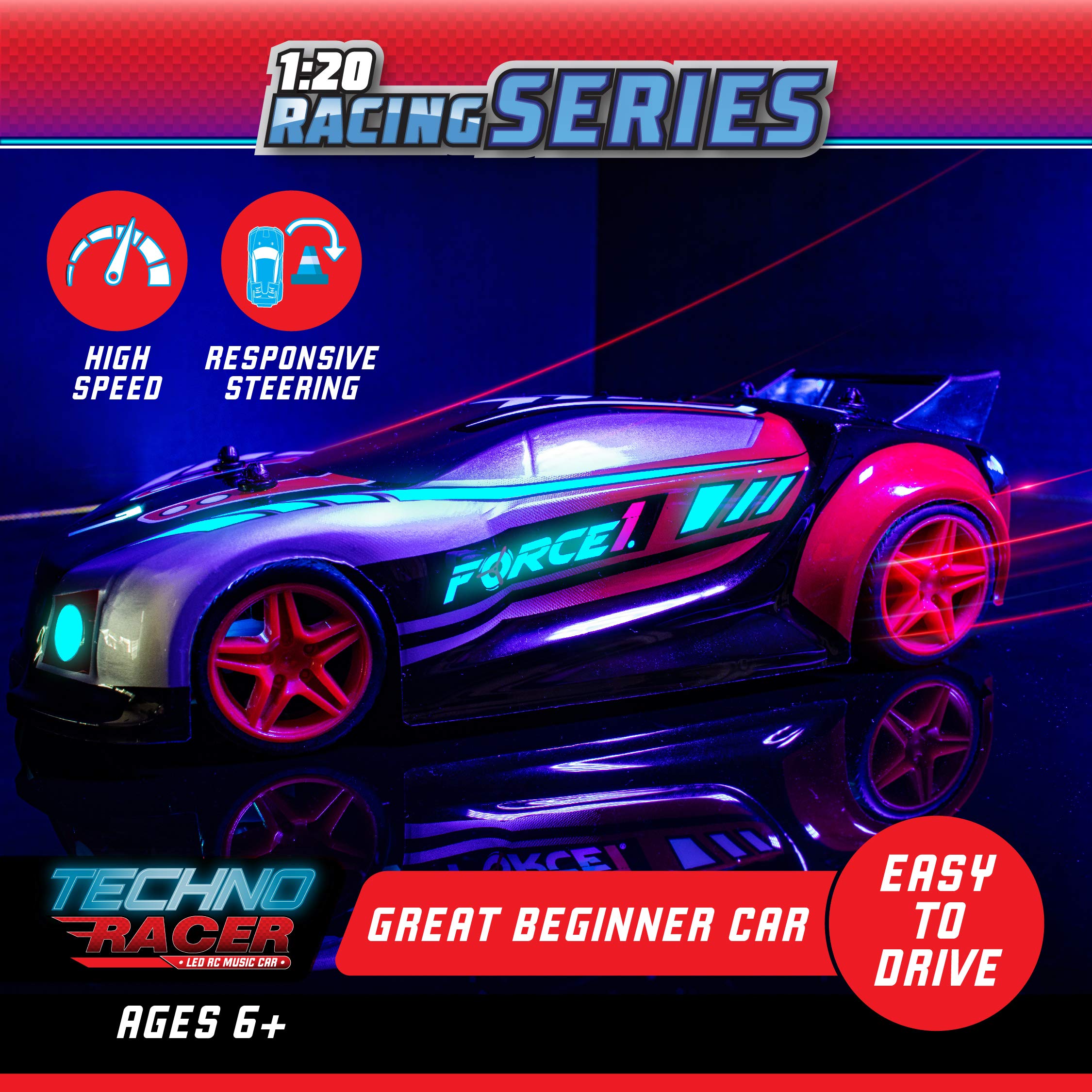 Force1 Techno Racer Remote Control Car for Kids - LED RC Car, High Speed Race Drift Car Toy with Music, Engine Sounds, Light Up Car Shell, and Easy Remote Control (Blue)