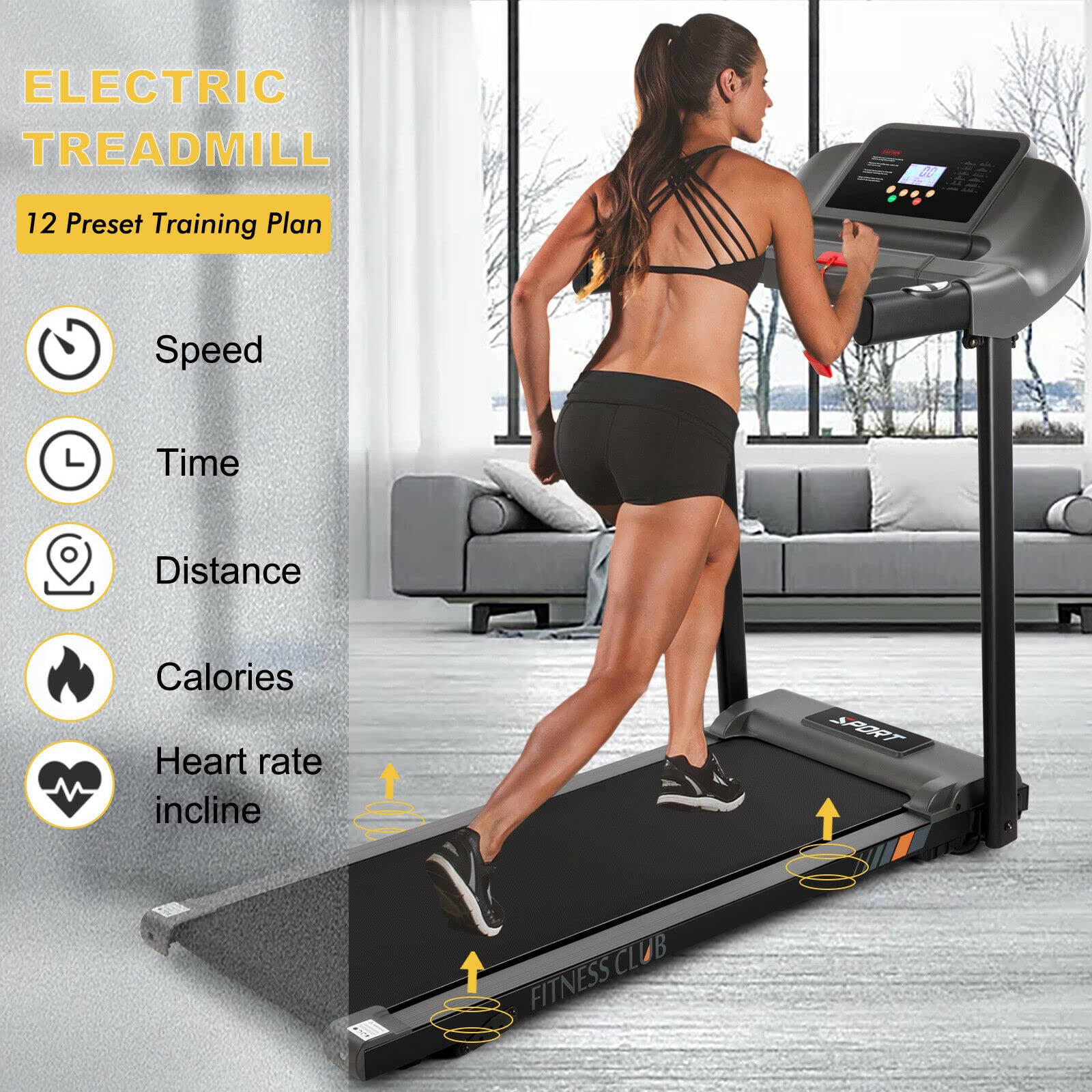 Fitnessclub Folding Treadmill 2HP Electric Motorized Treadmill Folding Running Gym Fitness Machine Home Gym w/LCD Display Tablet Holder