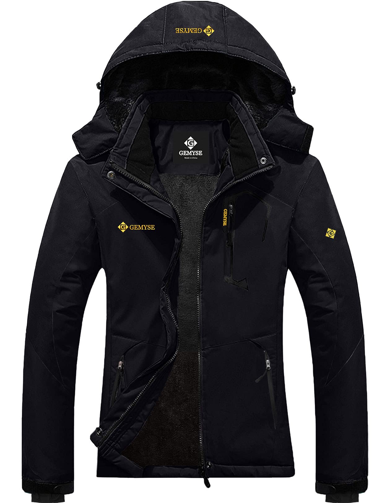GEMYSE Women's Mountain Waterproof Ski Jacket Windproof Snow Coat With Hood (Black-J,X-Large)