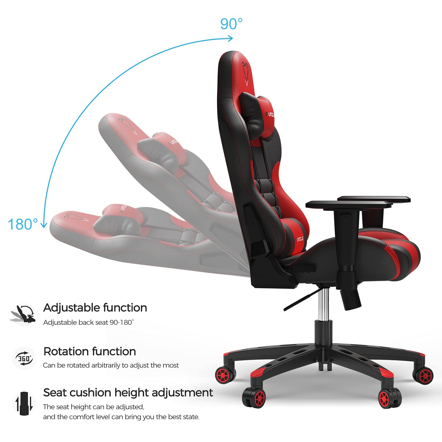 Furgle Gaming Chair with Footrest, Office Ergonomic Computer Chair with Lumbar Support, Height Adjustable Video Gaming Chair with 360°-Swivel Seat and Headrest, (Pro-Black/Red)