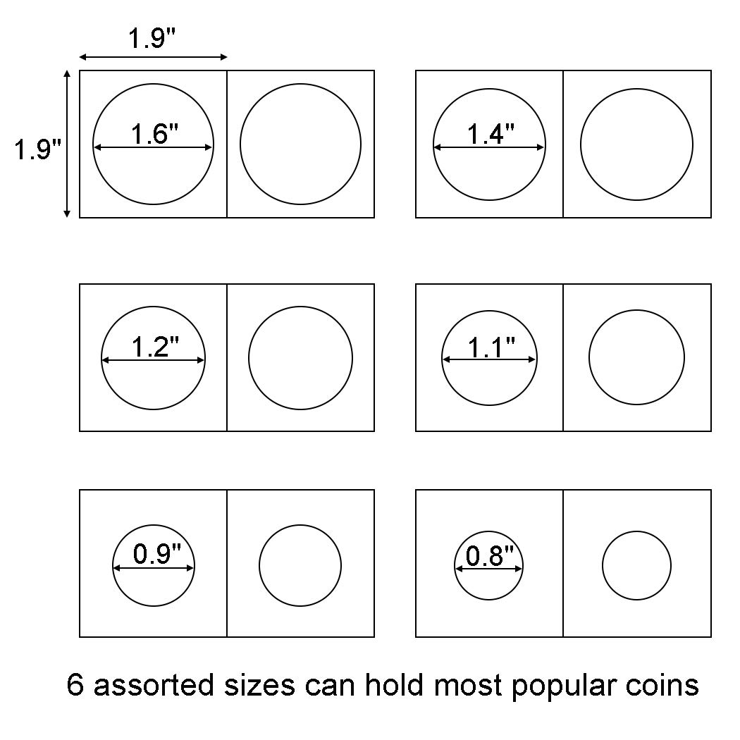 FRIMOONY 300 Cardboard Coin Holders in 6 Assorted Sizes, with 6 Sheets Coin Pocket Pages, for Coin Collection