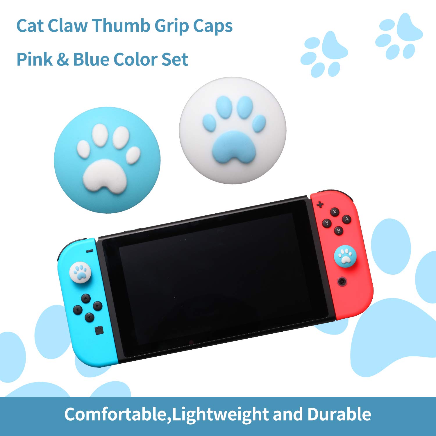 Fpxnb 4 Pairs Switch Thumb Grip Set, Analog Stick Silicone Cap Joystick Covers, Cat Claw & Sakura Flower Design, Compatible with Switch Joy-Con Controllers & Lite, Pink & Blue