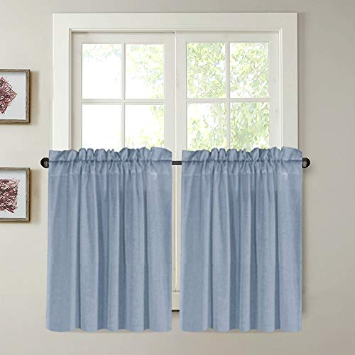H.VERSAILTEX Natural Linen Kitchen Curtains 24 Inch Length Textured Flax Curtain Tiers for Bathroom/Kitchen Windows Rod Pocket Small Curtains for Kitchen (2 Panels, Stone Blue)