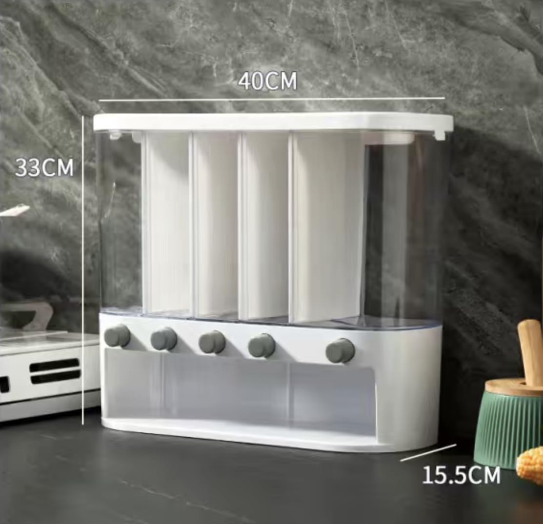 Frelacy Rice dispenser with a capacity of 25 pounds,Wall mounted 5 Grid Dry Food Dispenser work with solid seeds and grains.for rice, mung beans, red beans, lentils