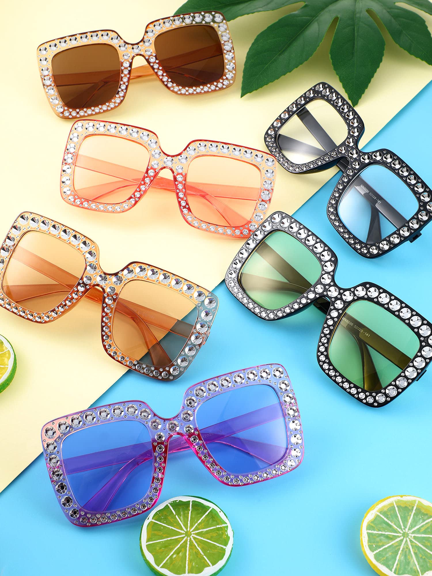 Frienda Crystal Oversized Sunglasses Square Diamond Sunglasses Rhinestone Frame Sunglasses for Women (Chic Colors,12 Pairs)