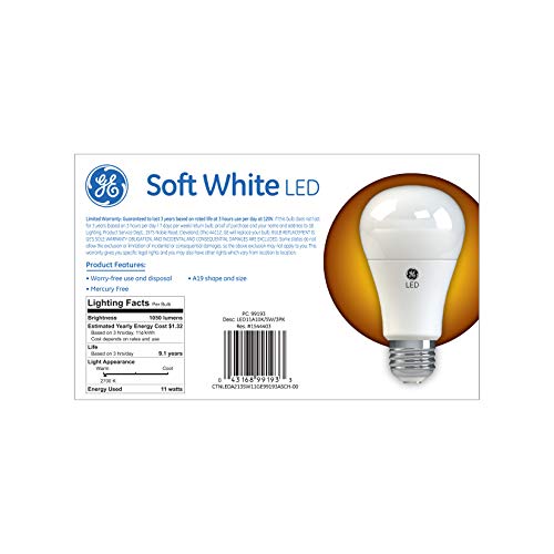 GE Lighting 99193 Soft General Purpose Classic Shape A19 Daylight LED 11 (75-Watt Replacement), 1050-Lumen Medium Base, 3 Count (Pack of 1), Frosted White, 3