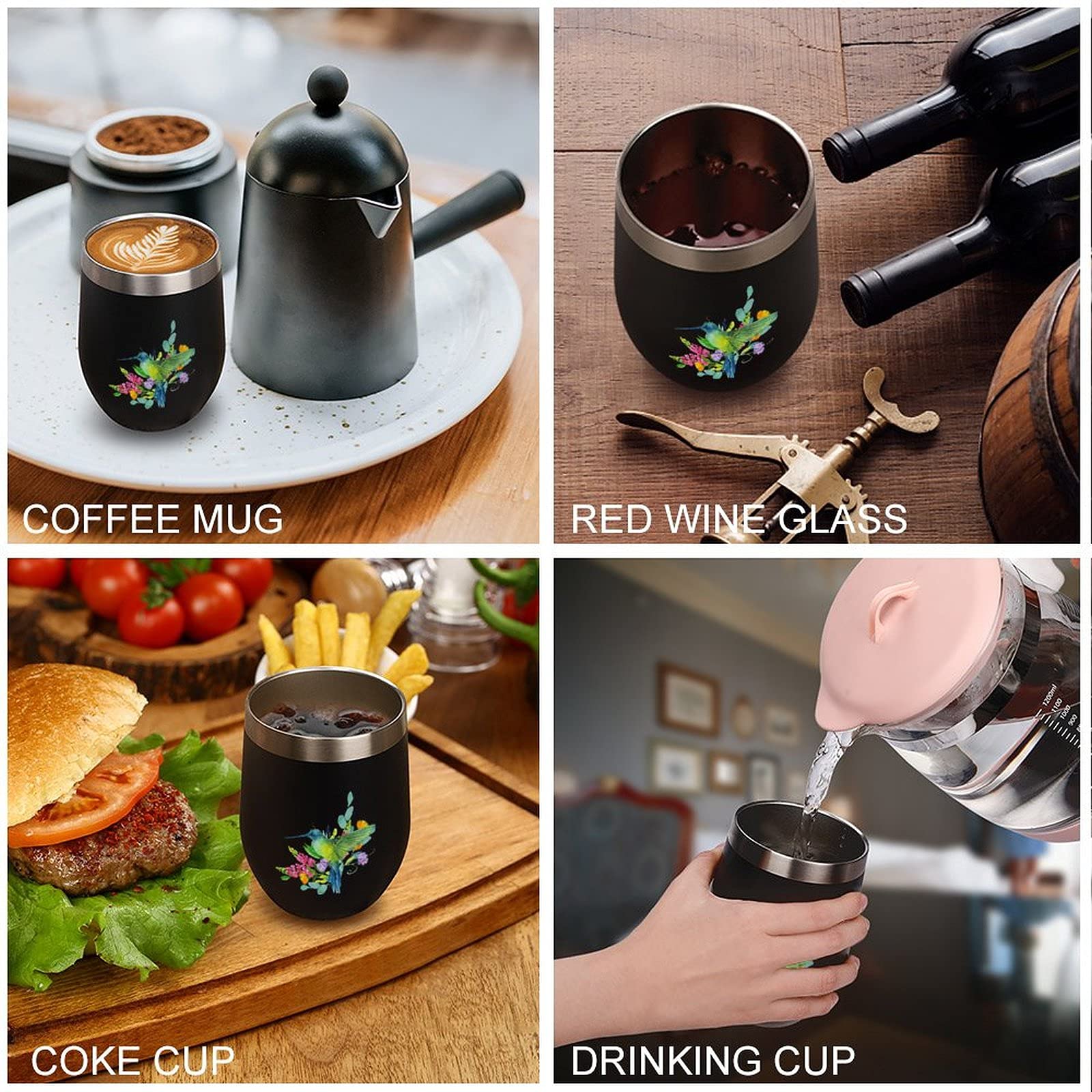 Hon-Lally Hummingbird Flower Pattern 12 oz Stainless Steel Wine Tumbler with Lid Mug Cup Double Wall for Coffee, Cocktail, Drink, Tea and Beer - black-style