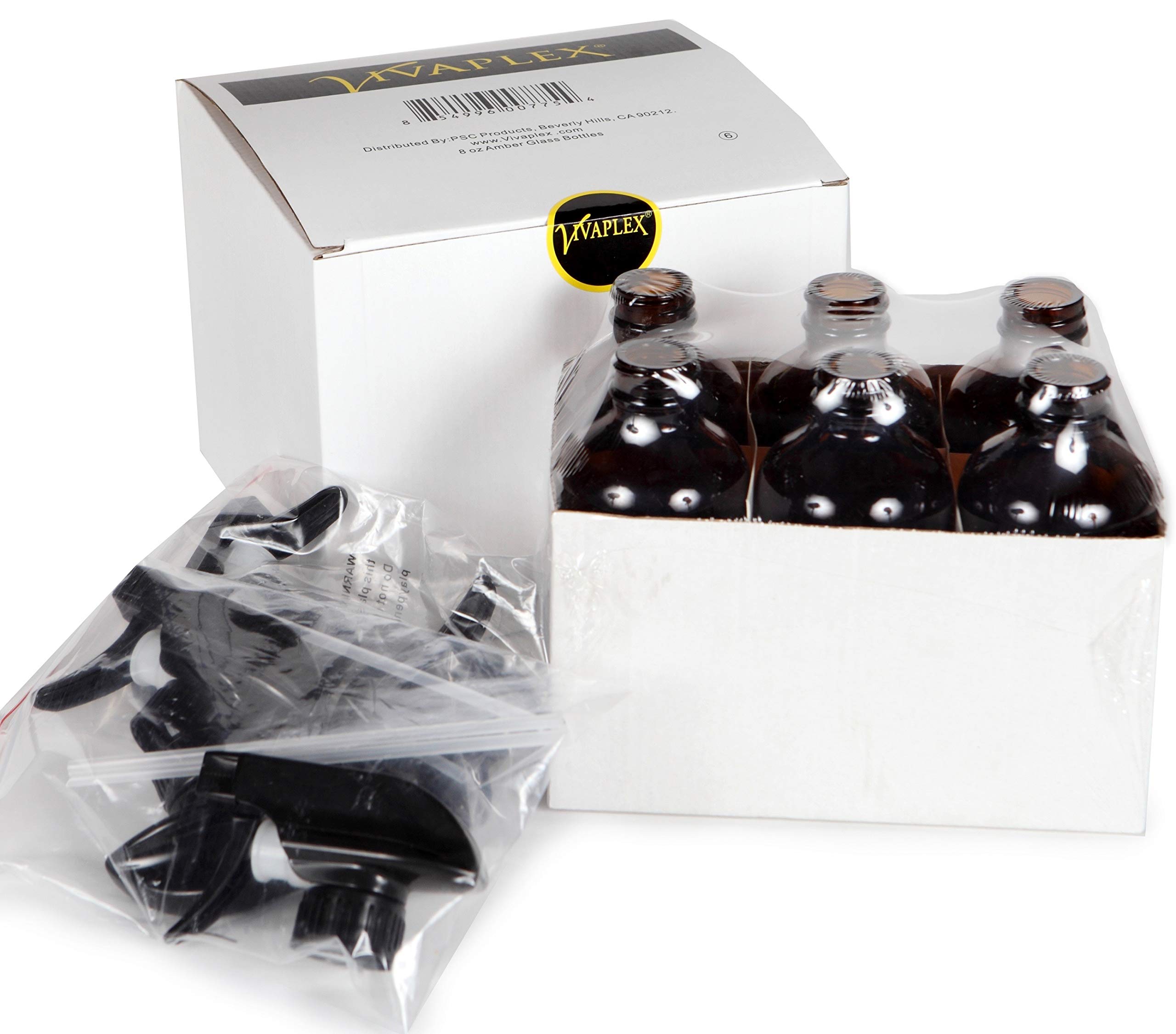 Vivaplex, 6, Large, 8 oz, Empty, Amber Glass Spray Bottles with Black Trigger Sprayers