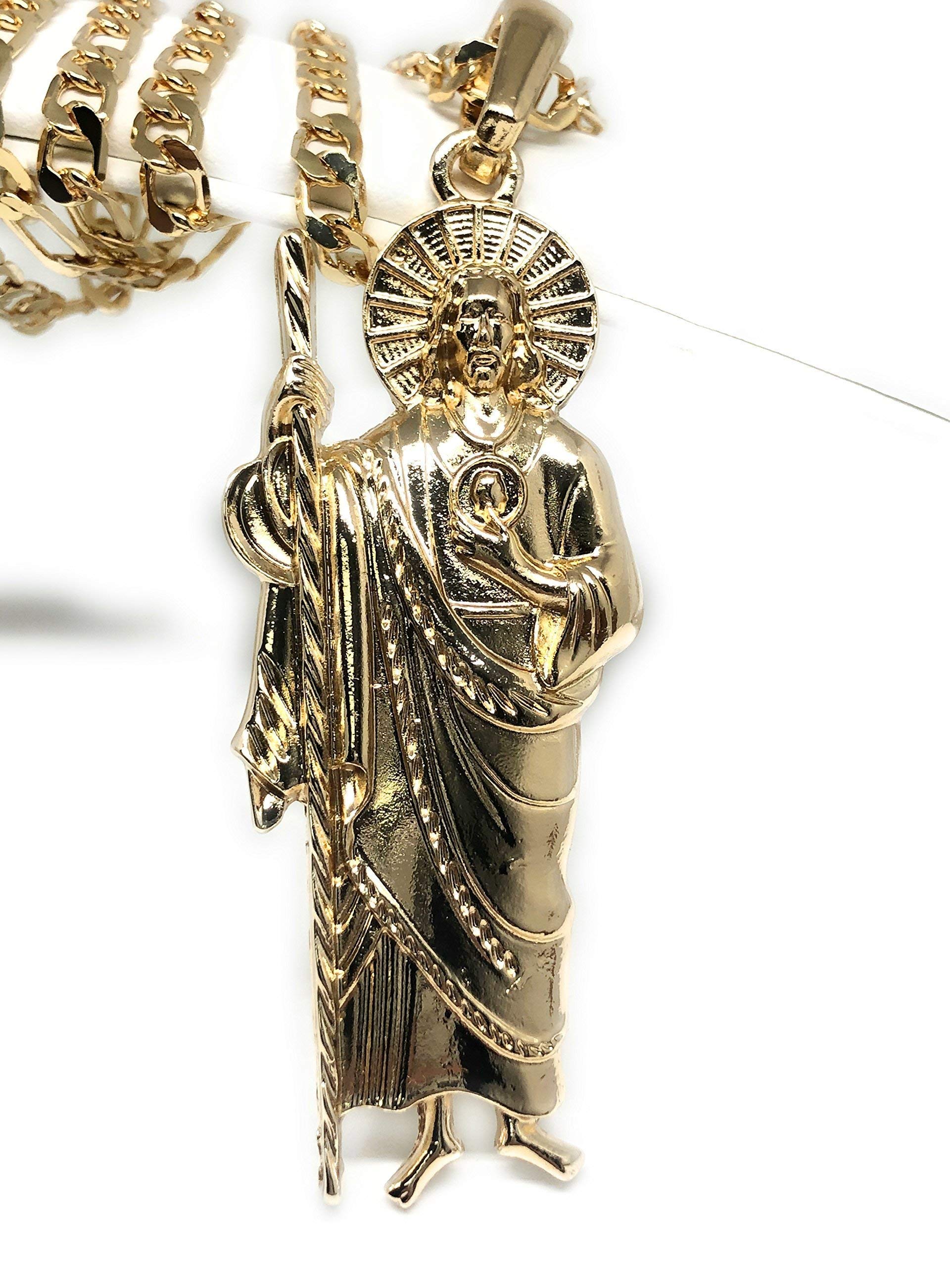 Fran & Co. Jewelry Gold Plated Big Saint Jude Pendant Necklace Figaro 26" San Judas Tadeo Medalla XL Cadena Oro