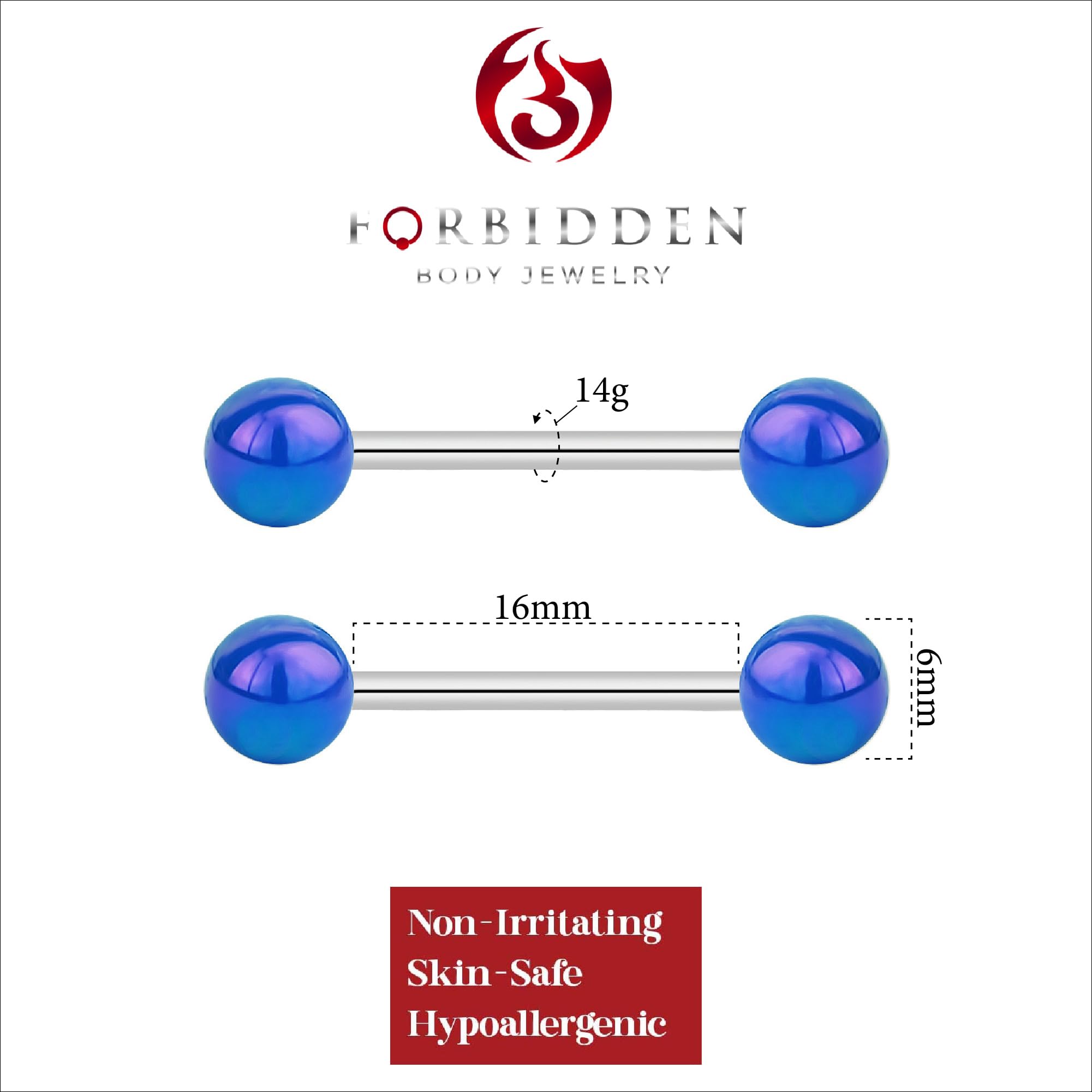 Forbidden Body Jewelry 14G 16mm (5/8 Inch) Nipple or Tongue Ring Barbell Set with Blue Metallic Balls