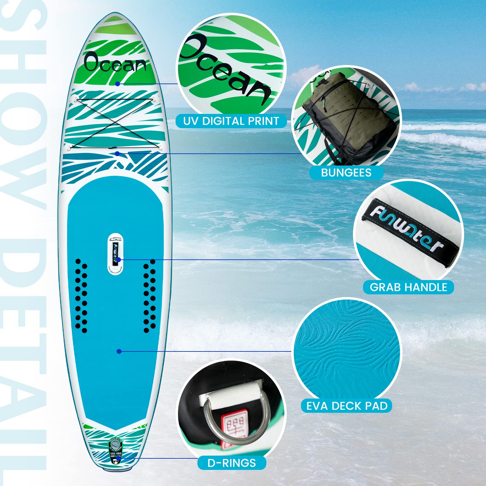 FEATH-R-LITE Inflatable Paddle Board Stand Up Paddleboards for Adults SUP with Complete Premium Accessories Pump, Adjustable Paddle, Leash, Three Fins, Waterproof Phone Bag, Repair Kit, Backpack