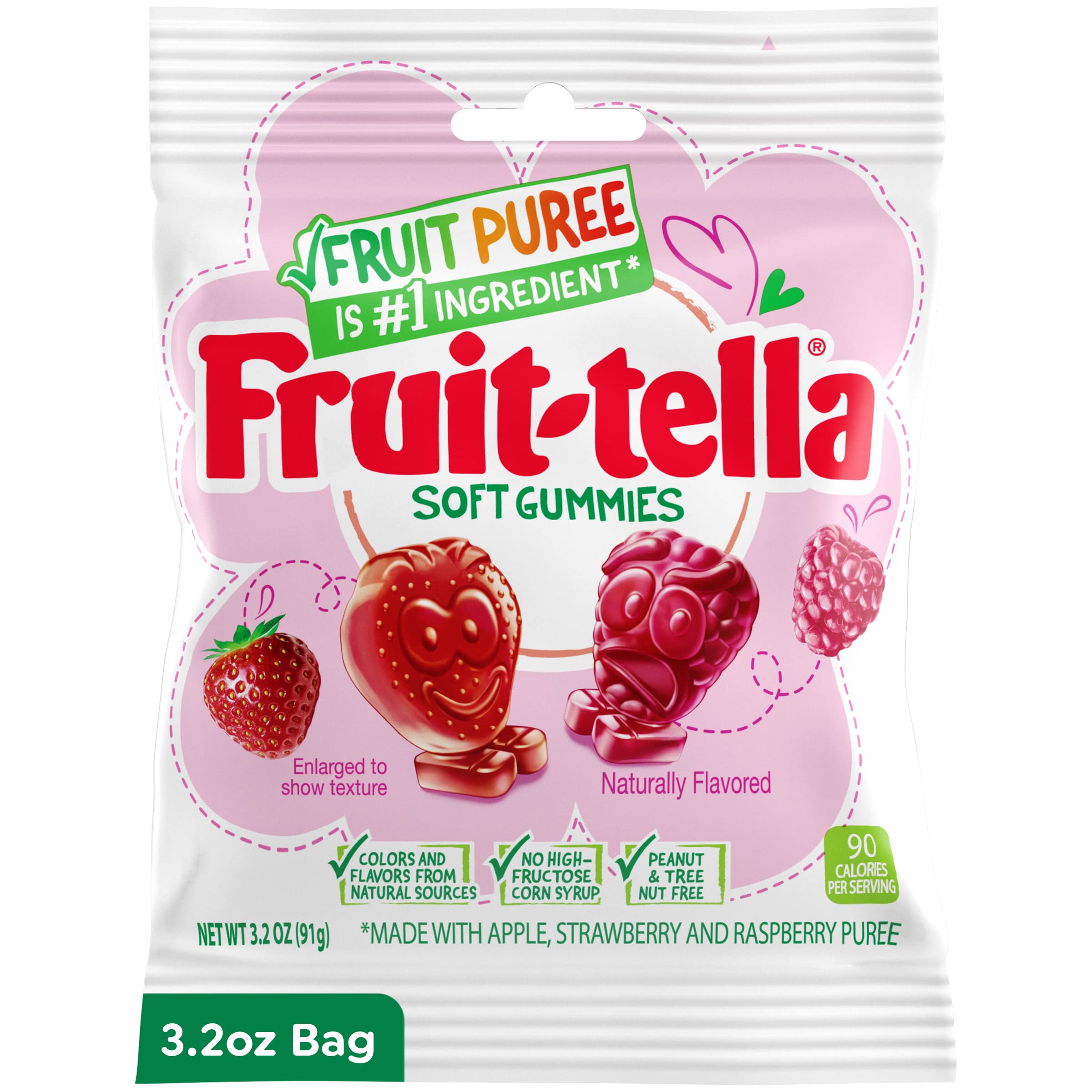 Fruit-tella Soft Gummy Candy, Strawberry and Raspberry Fruit Flavors, 3.2 oz (Pack Of 12); Peanut & Tree Nut Free, No High-Fructose Corn Syrup, Naturally Flavored
