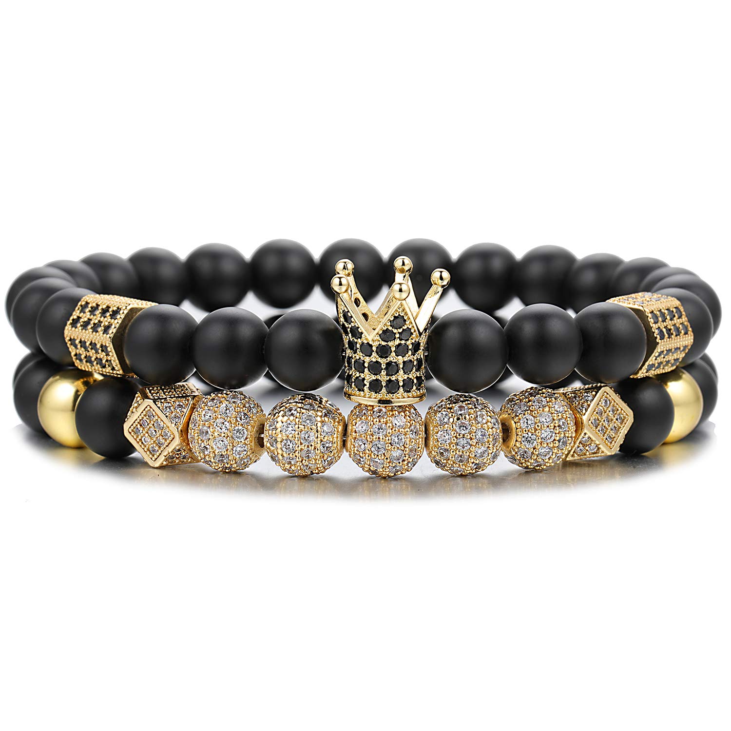 FUNEIA 2PCS 8mm Crown King Charm Beads Bracelet for Men Women Natural Black Matte Onyx Stone Beads, 7.5"
