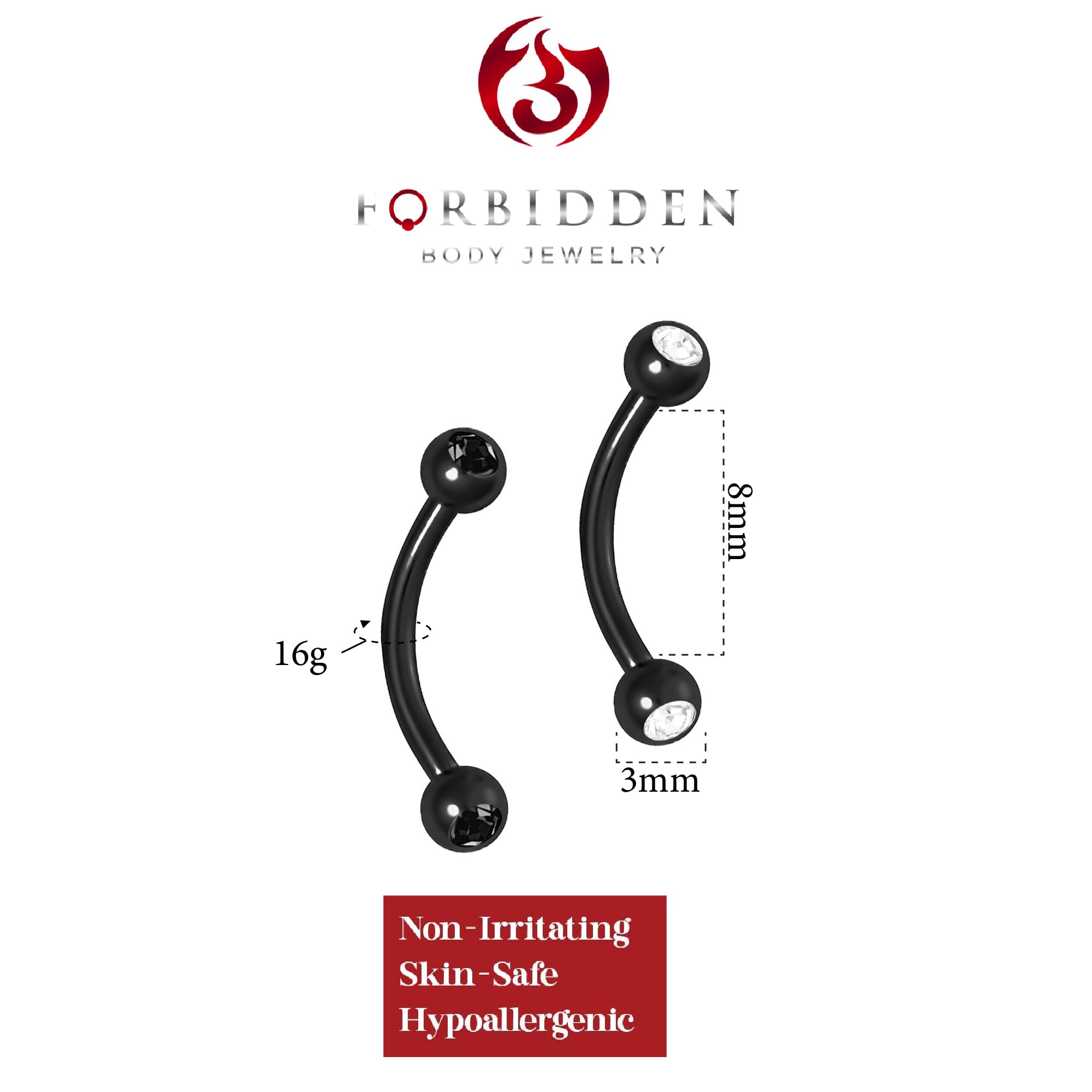 Forbidden Body Jewelry Set of 2: 16g 8mm Black Daith Earring, Eyebrow Ring and Rook Piercing, Clear and Black CZ Gems