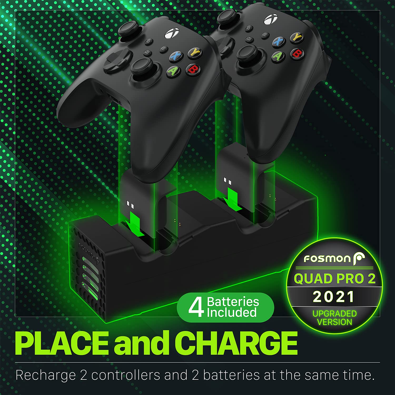 Fosmon Quad PRO 2 Controller Charger Compatible with Xbox Series X/S Controllers (Not for Xbox One / 360 / Elite 2) Controllers, Dual Dock Charging Station with 4 Rechargeable Battery Packs - Black